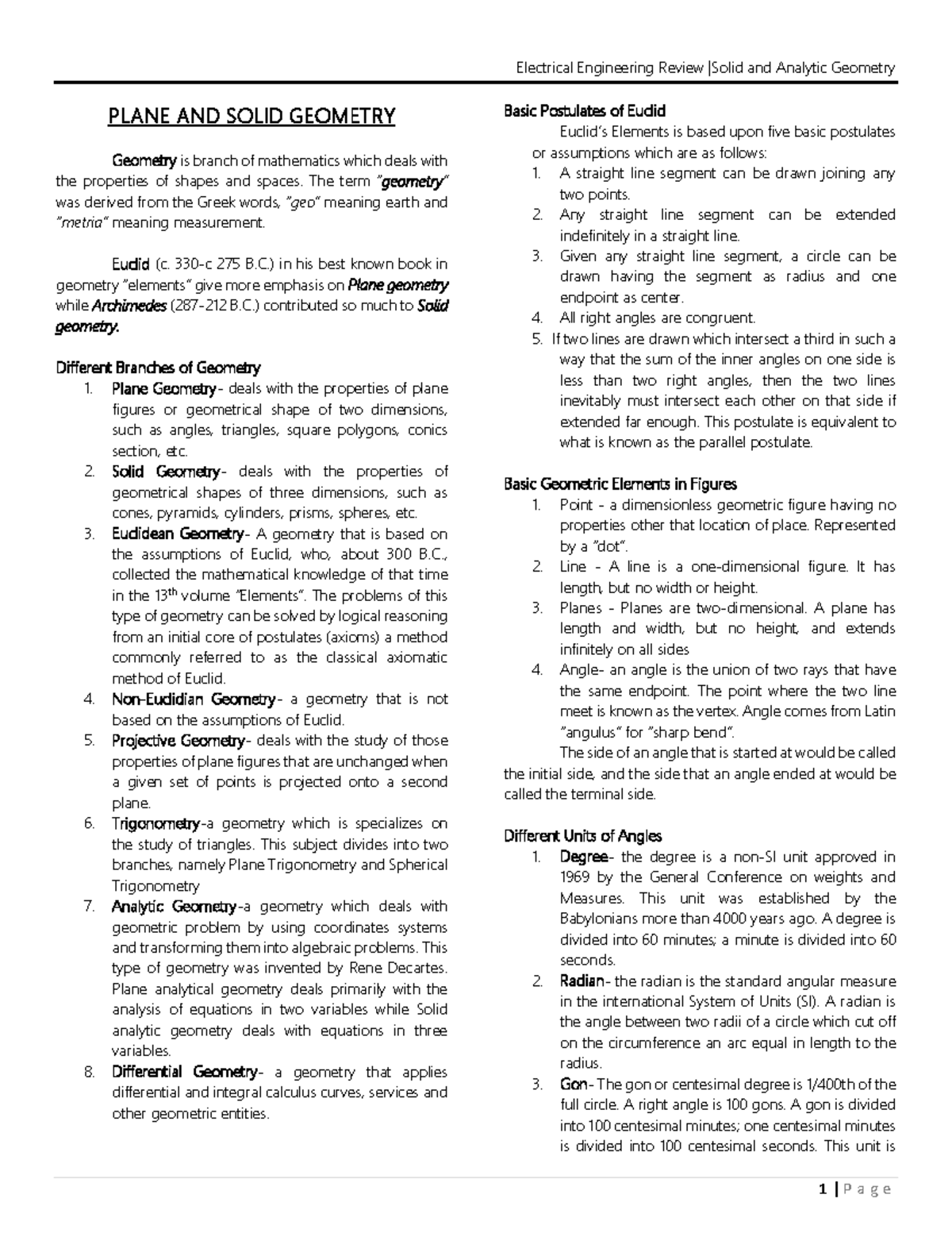 Solid and Analytic Geometry: Key Concepts and Definitions - Studocu