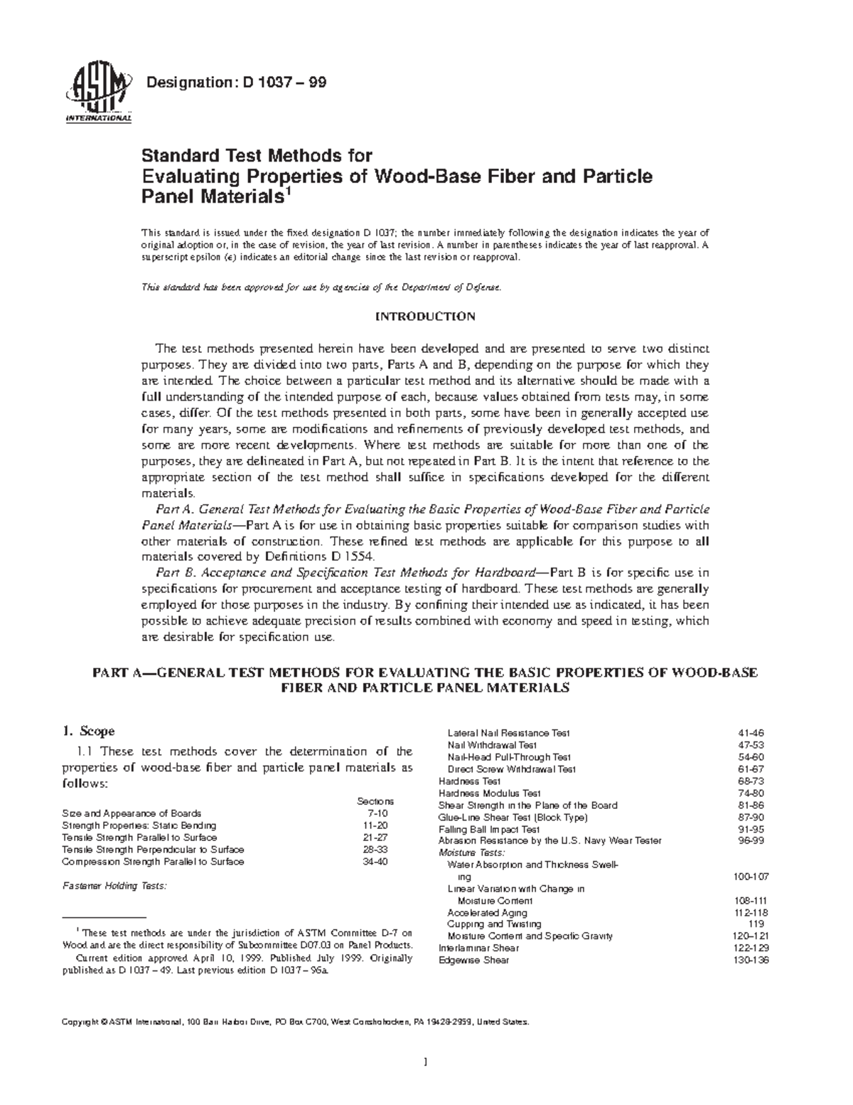 ASTM D1037 - Std. Test Methods for Wood-Base Panel Properties - Studocu