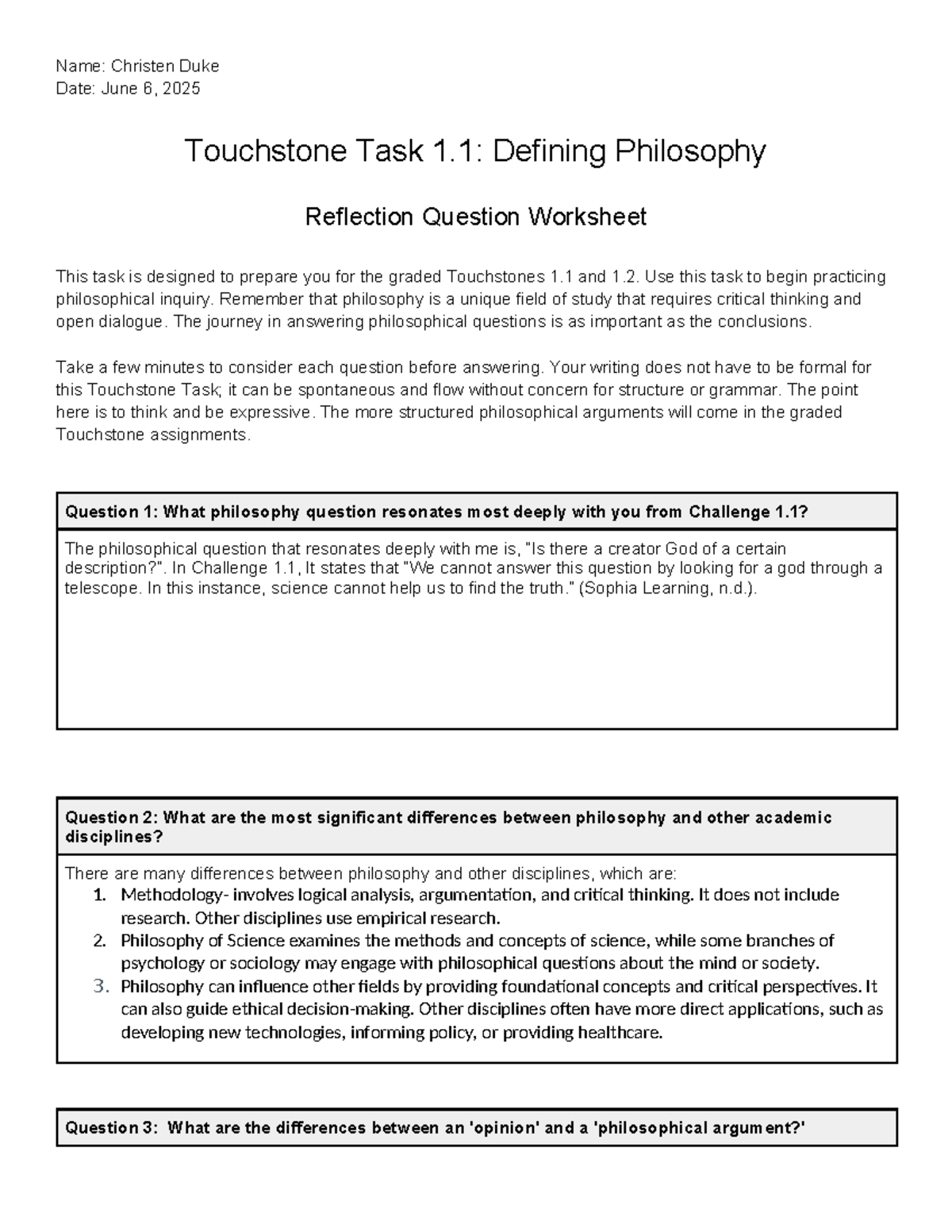 Touchstone Task 1.1: Defining Philosophy Reflection Worksheet - Studocu