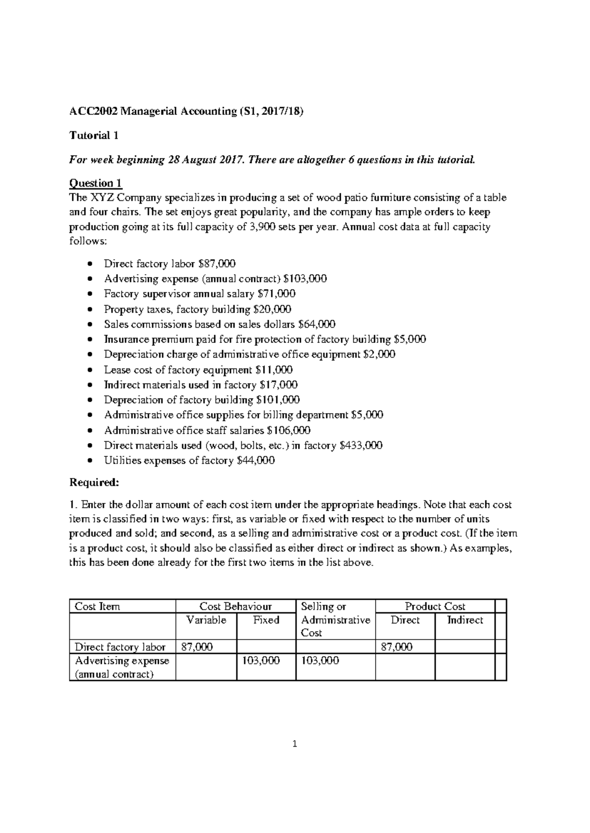 Tutorial 1 S1 2017-18 Cost Concepts Behaviors CVP Questions - 1 ACC2002 ...