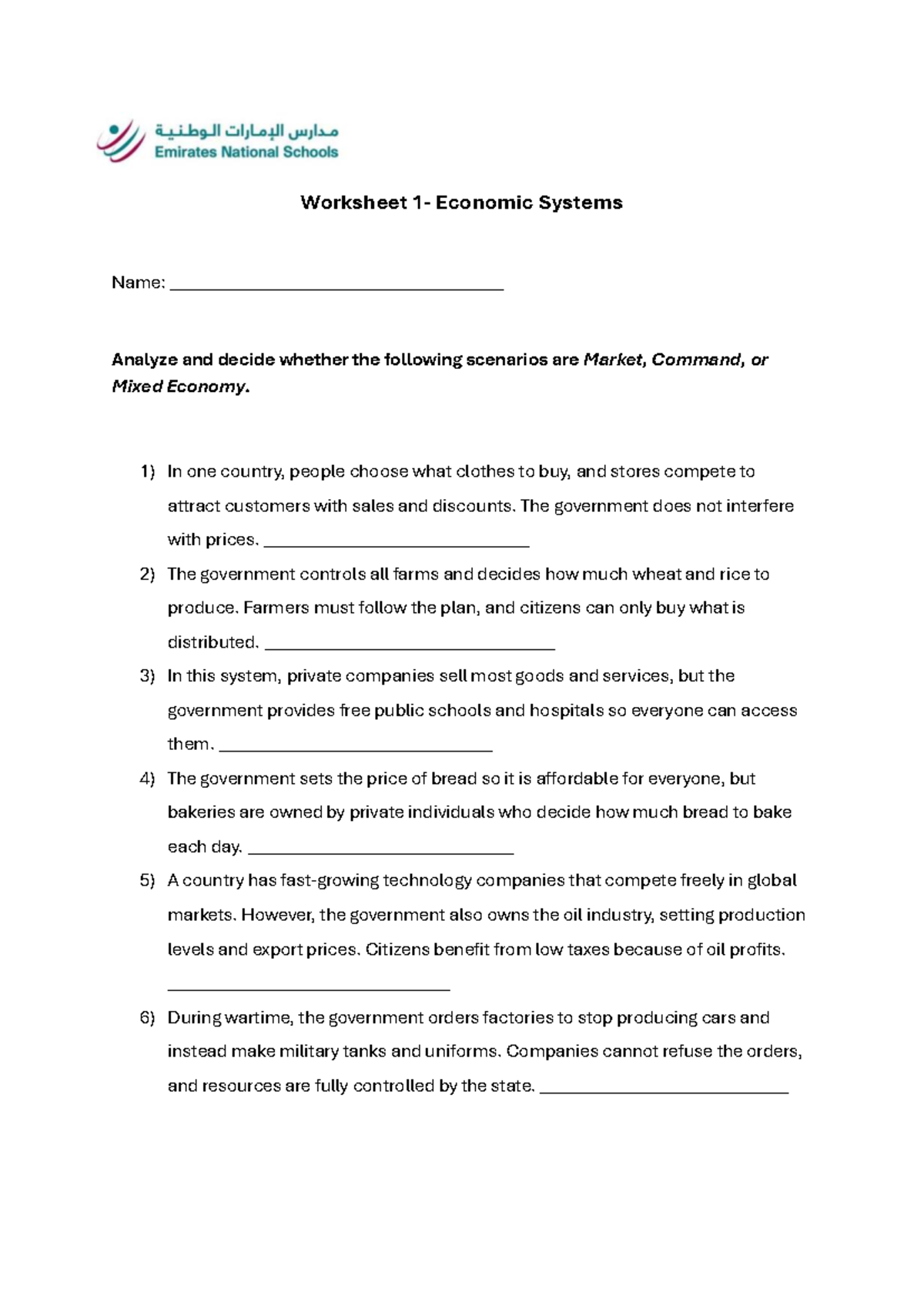 Economic Systems Worksheet: Market, Command, or Mixed Economy Analysis ...