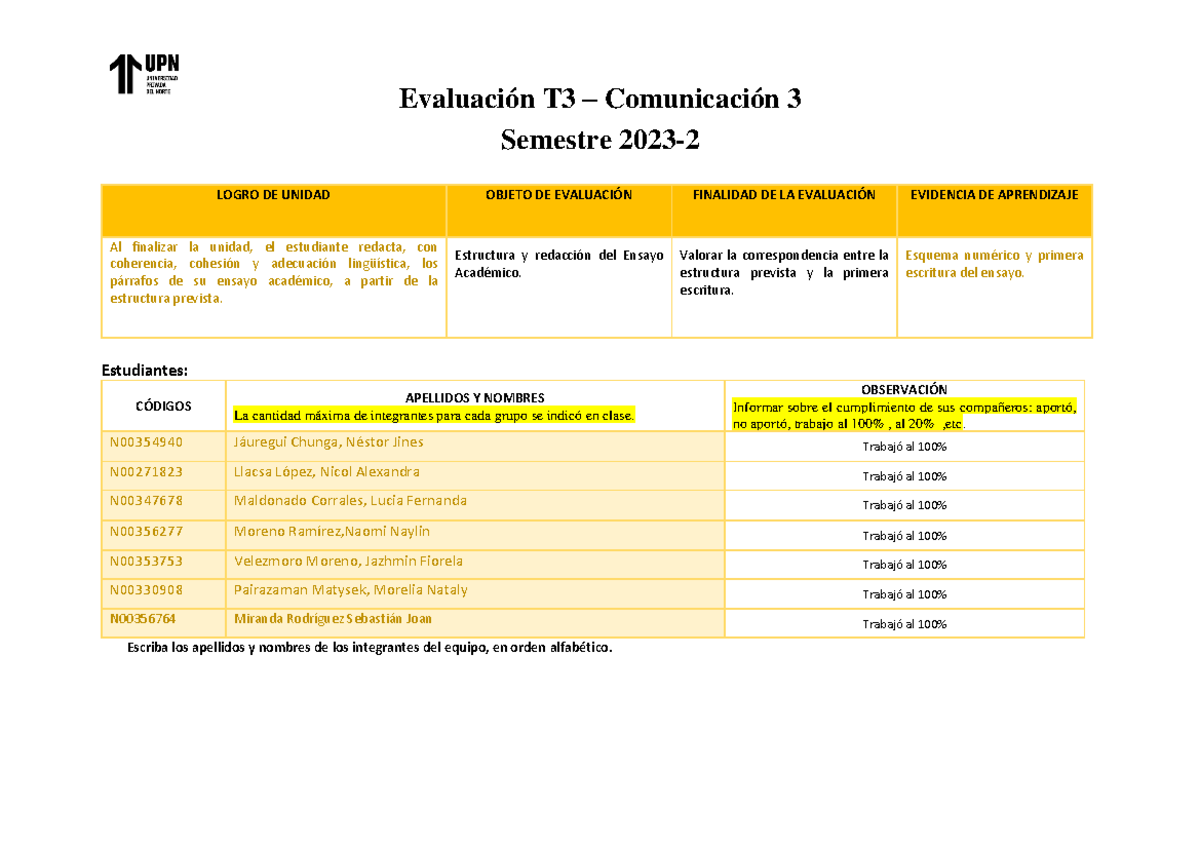 Grupo 4 COM3 T3 - t3 comunicación ejemplo - Evaluación T3 – Comunicación 3 Semestre 2023- 2 ...