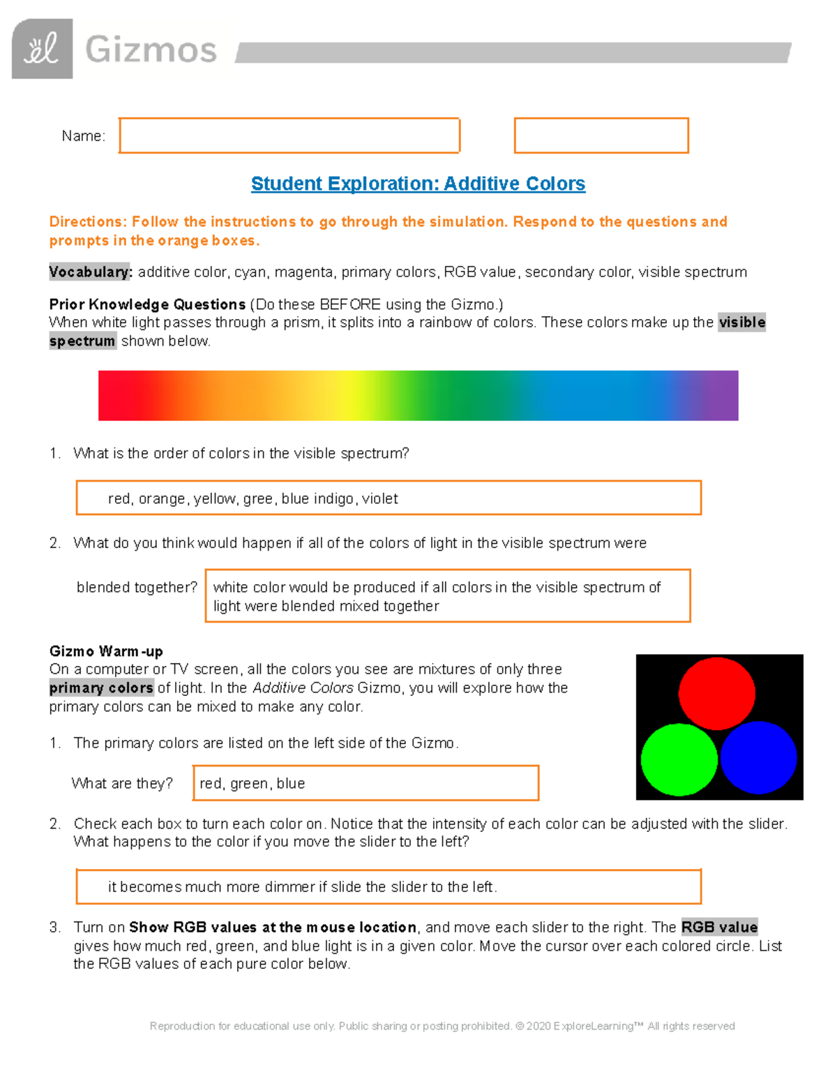 Student Exploration: Additive Colors (Colors SE) Guide - Studocu