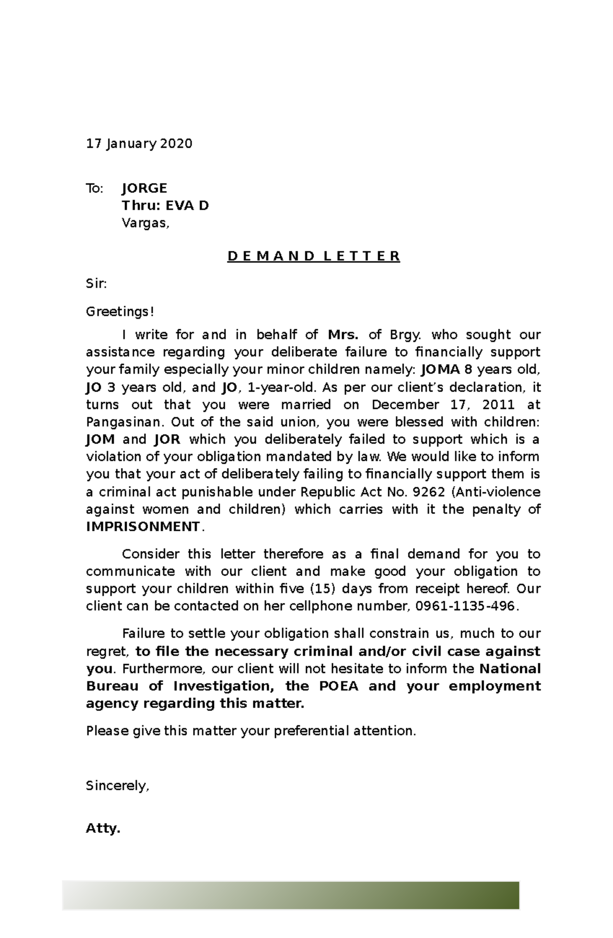 Final Demand Letter for Financial Support - Case of Mrs. [Surname ...
