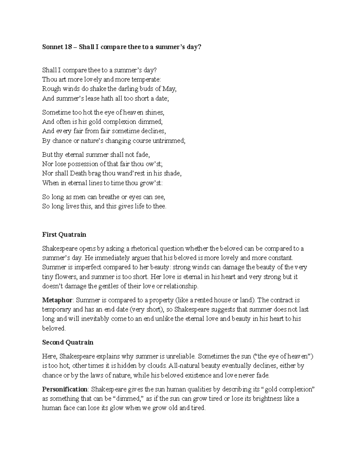 Sonnet 18 Analysis: Comparing Beauty and Time in Shakespeare's Work ...