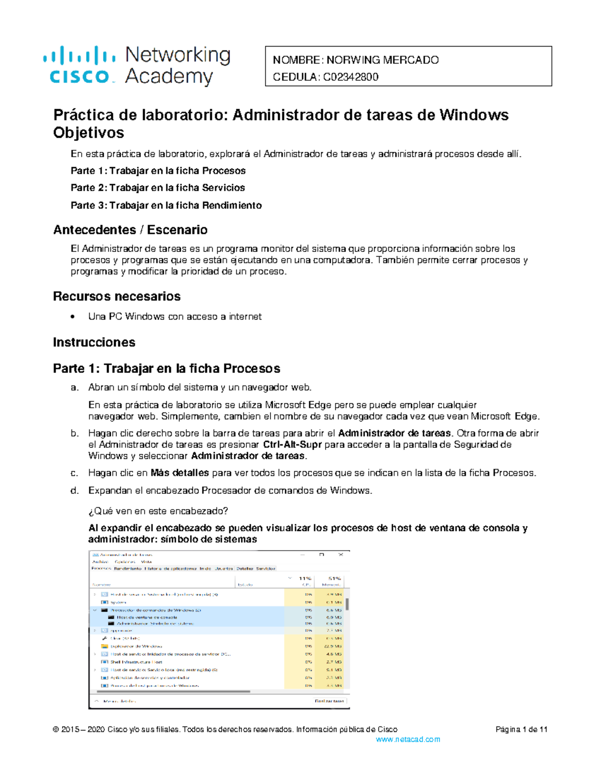 Lab - Windows Task Manager - © 2015 – 2020 Cisco y/o sus filiales. Todos los derechos reservados ...