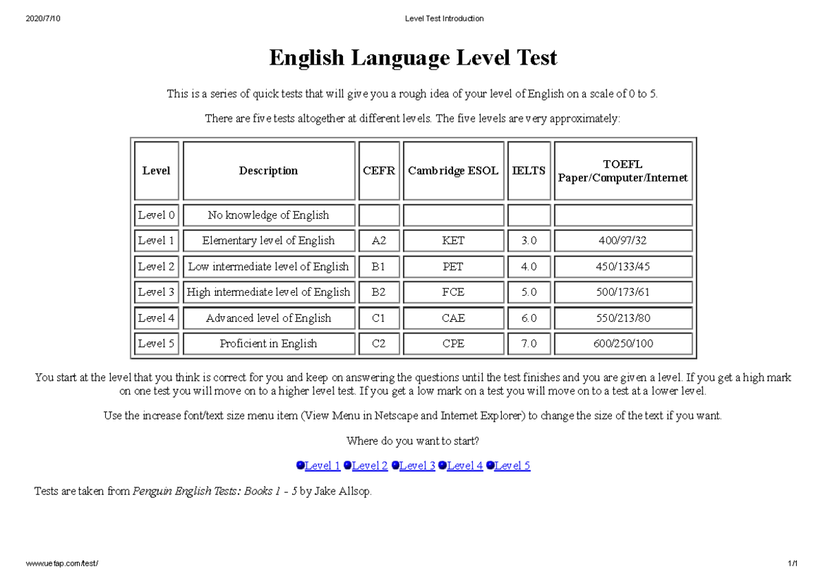 English Language Level Test Introduction and Guidelines - Studocu