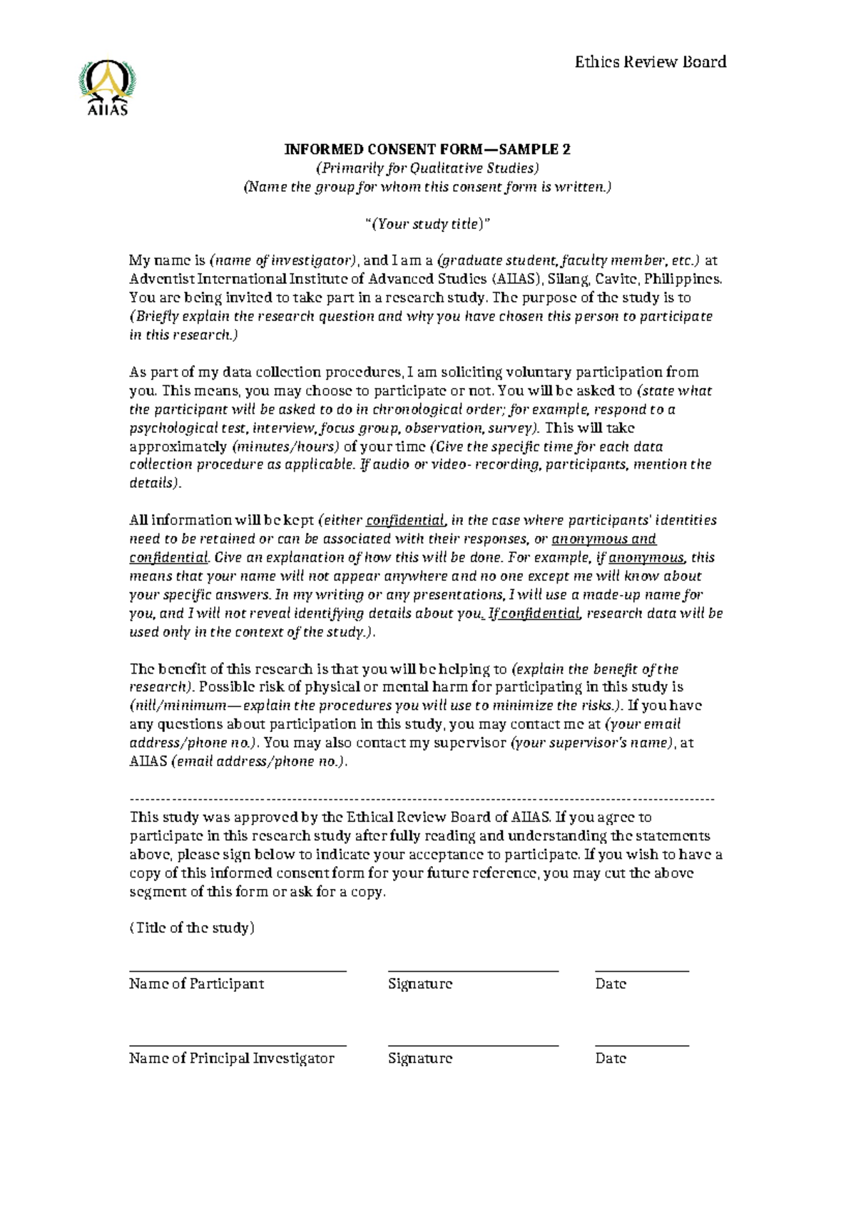 Sample Informed Consent Form for Qualitative Studies (AIIAS) - Studocu