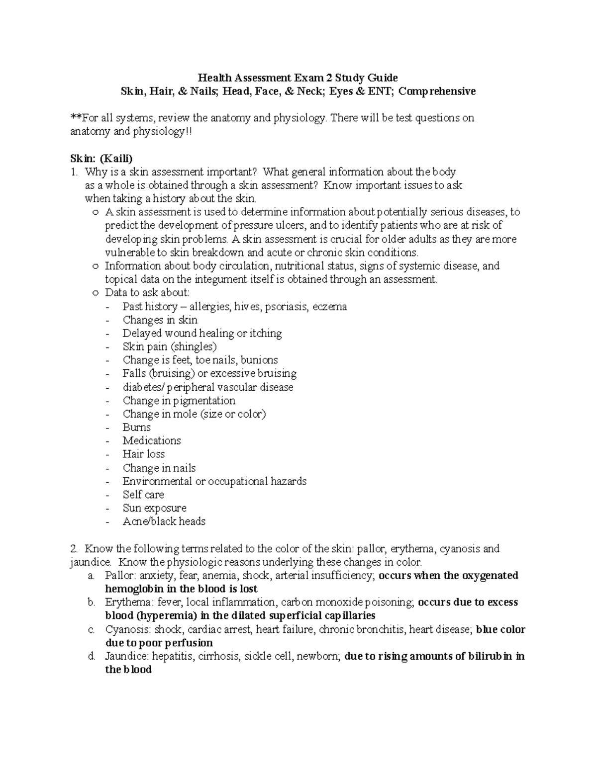 Exam 2 Study Guide - Health Assessment Exam 2 Study Guide Skin, Hair ...