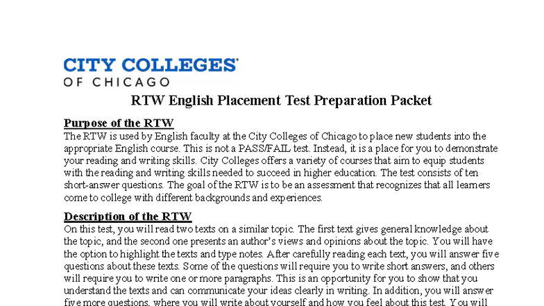 RTW English Placement Test Prep Packet: Key Insights and Tips - Studocu