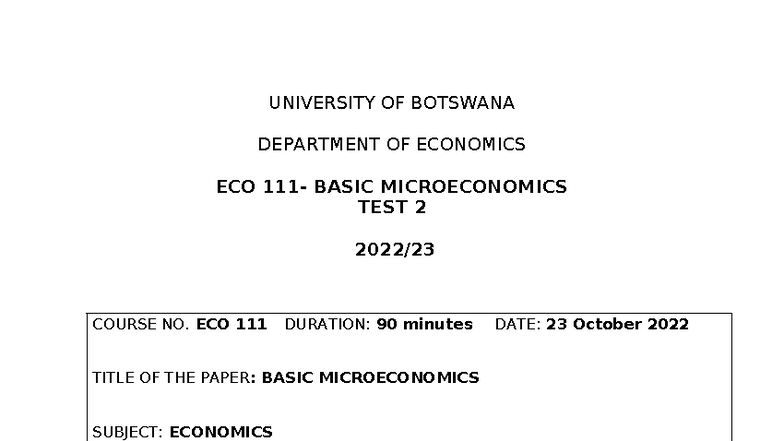 ECO 111 PAST Paper 2 - helps in revision - UNIVERSITY OF BOTSWANA ...