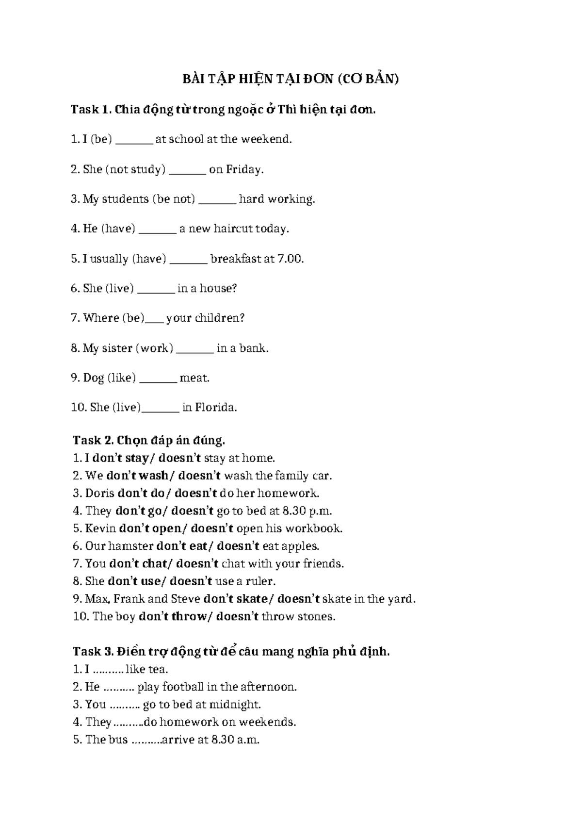 BÀI TẬP HIỆN TẠI ĐƠN (CƠ BẢN) - Exercises on Present Simple Tense - Studocu