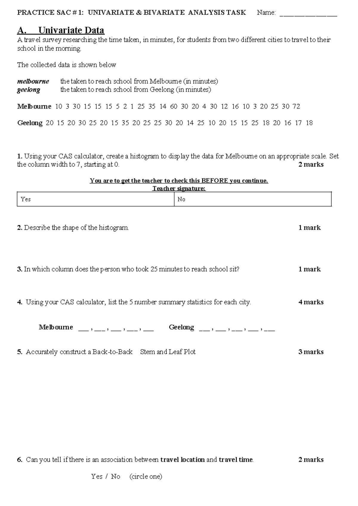 PRACTICE SAC 1: UNIVARIATE & BIVARIATE ANALYSIS TASK A - Studocu