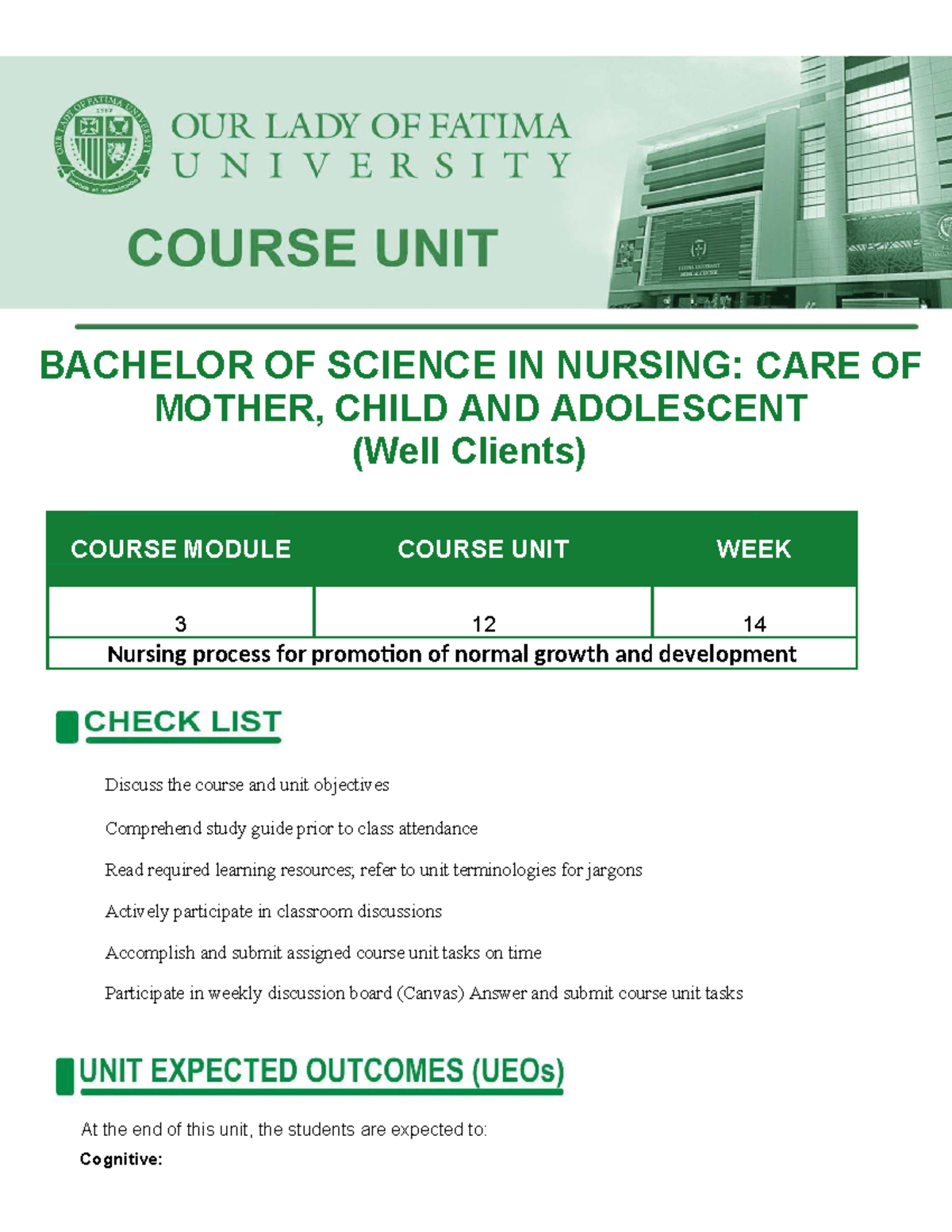 BACHELOR OF SCIENCE IN NURSING: WEEK 14 CARE OF MOTHER, CHILD ...