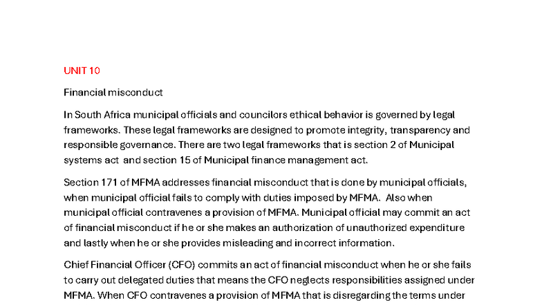 Document - useful - UNIT 10 Financial misconduct In South Africa ...