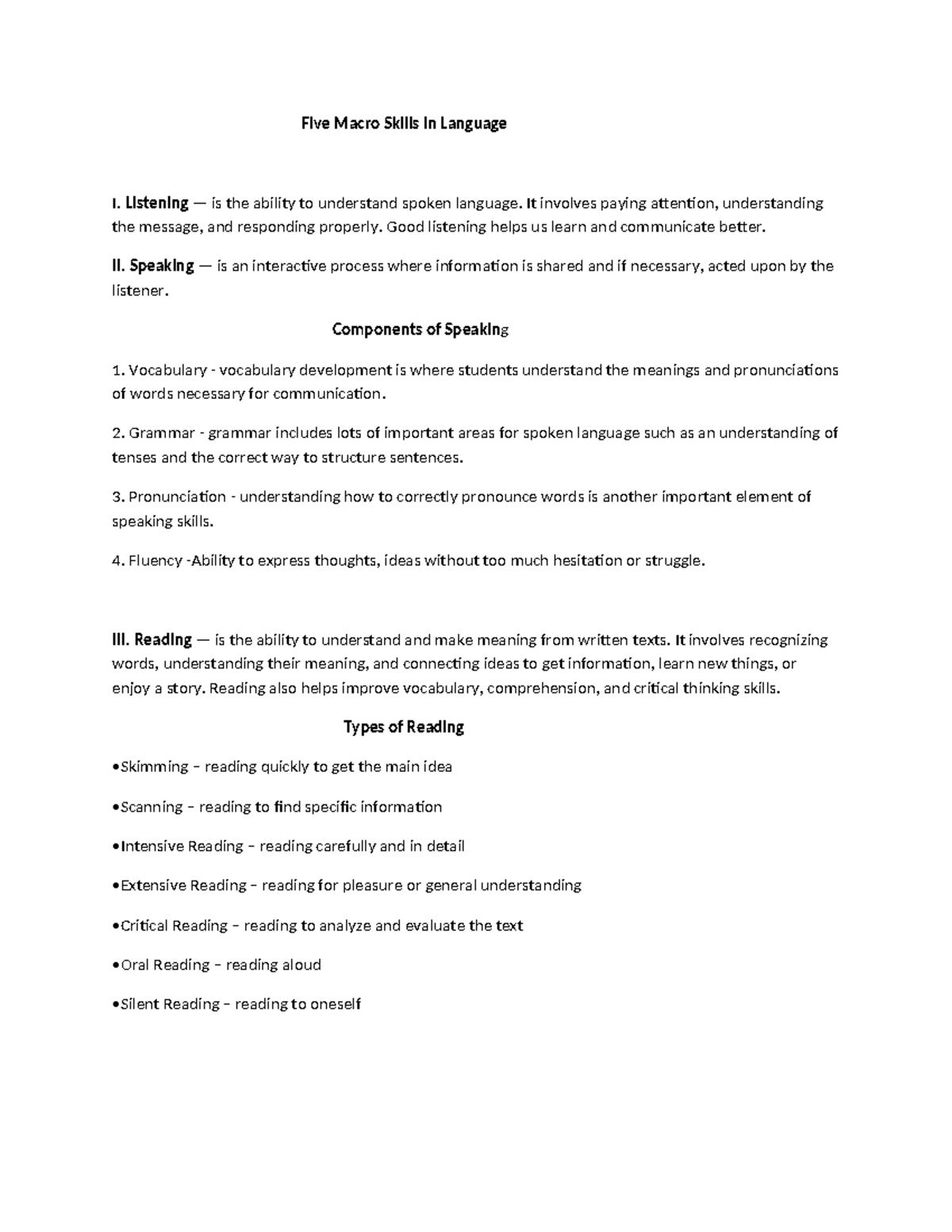 Five Macro Skills in Language: Listening, Speaking, Reading - G10 - Studocu