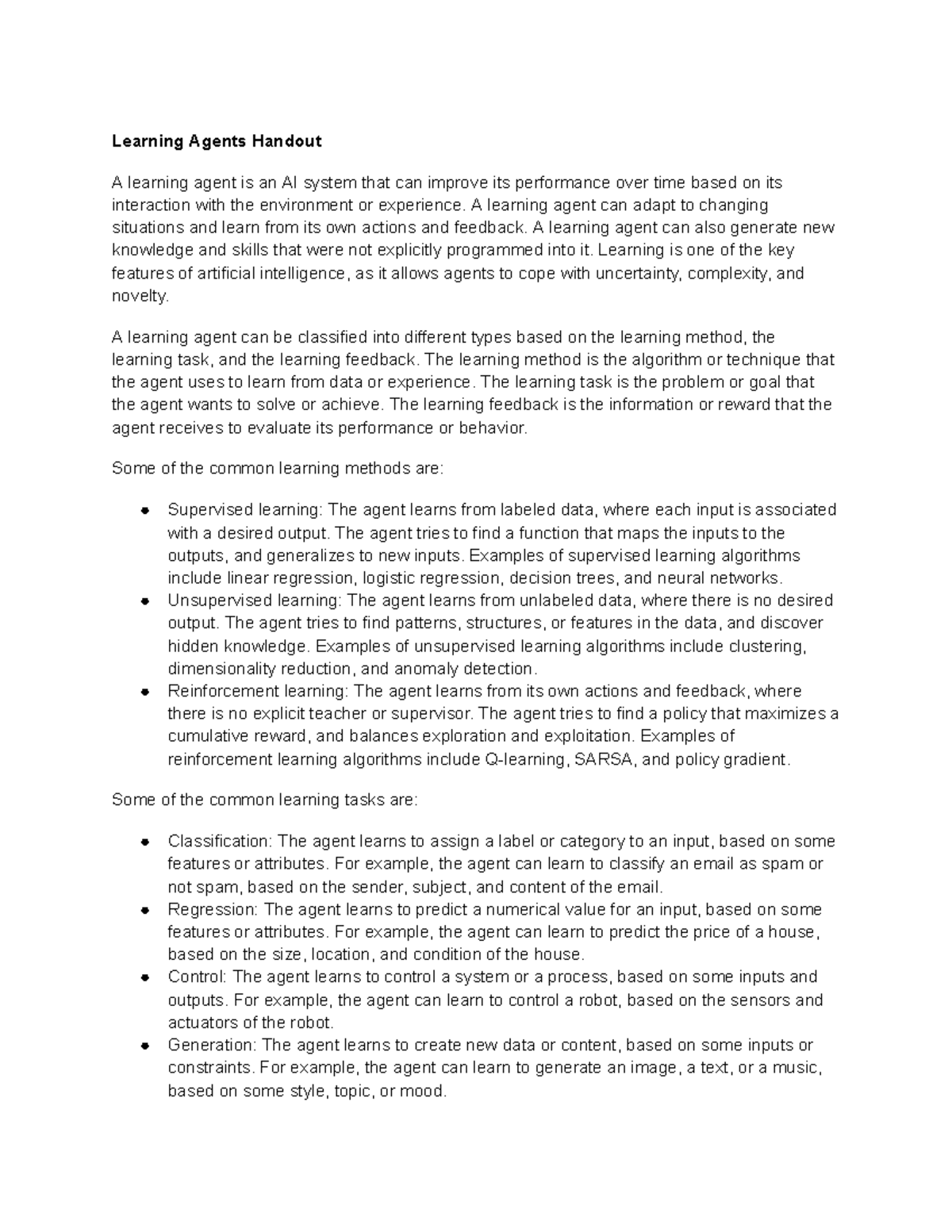 Learning Agents & Their Implementation: AI Concepts Handout - Studocu