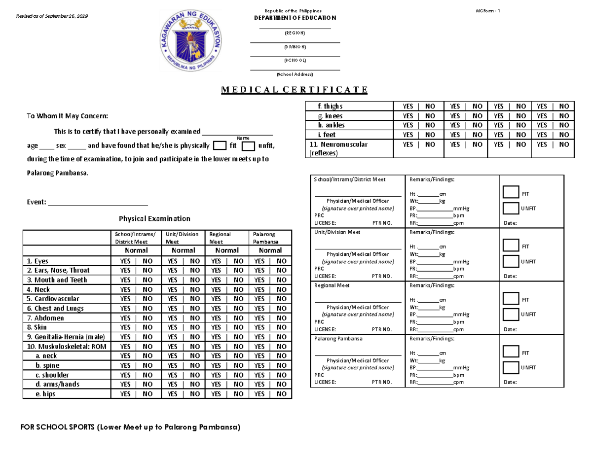 Medical Certificate Form 1 for School Sports Events - Studocu