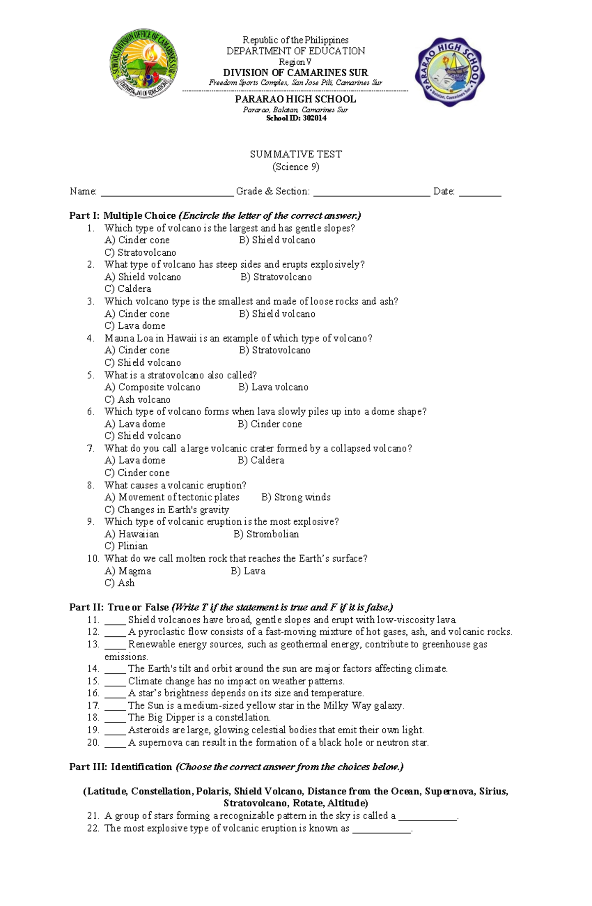 Grade 9 Science Summative Test - Volcanoes and Celestial Bodies - Studocu