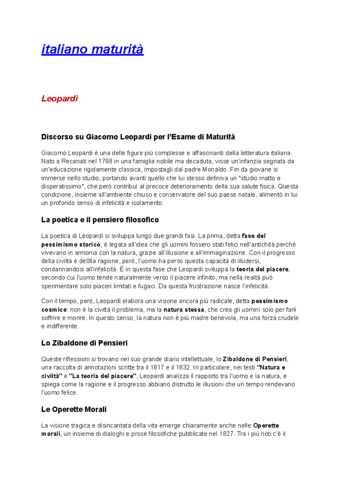 Leopardi e la Letteratura Italiana: Riflessioni per Maturità RA - Studocu