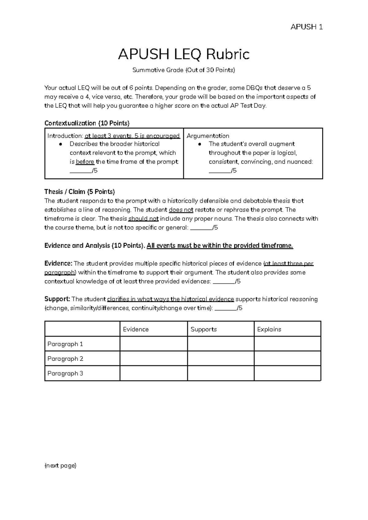 APUSH 1 LEQ Rubric for Summative Grading (30 Points) - Studocu