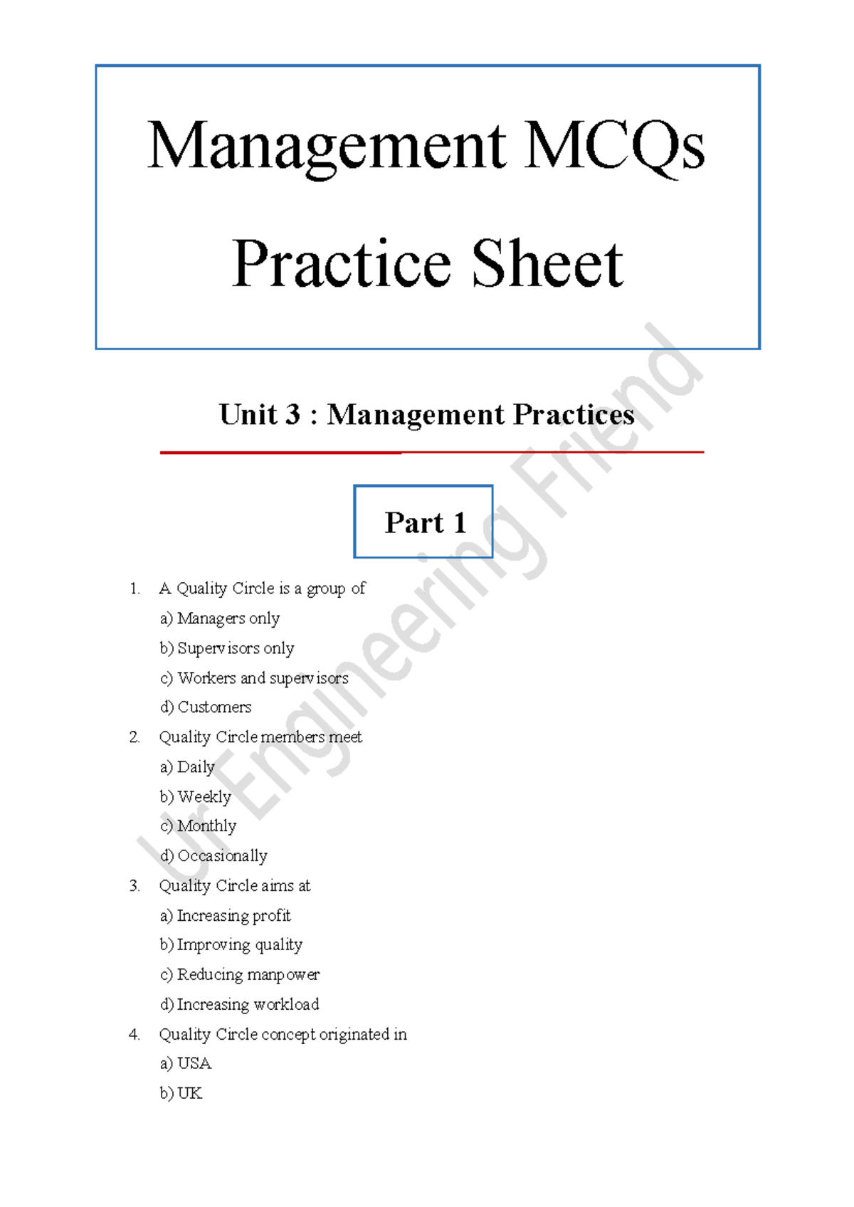 Management Unit 3 MCQs: Practices and Concepts Overview - Studocu