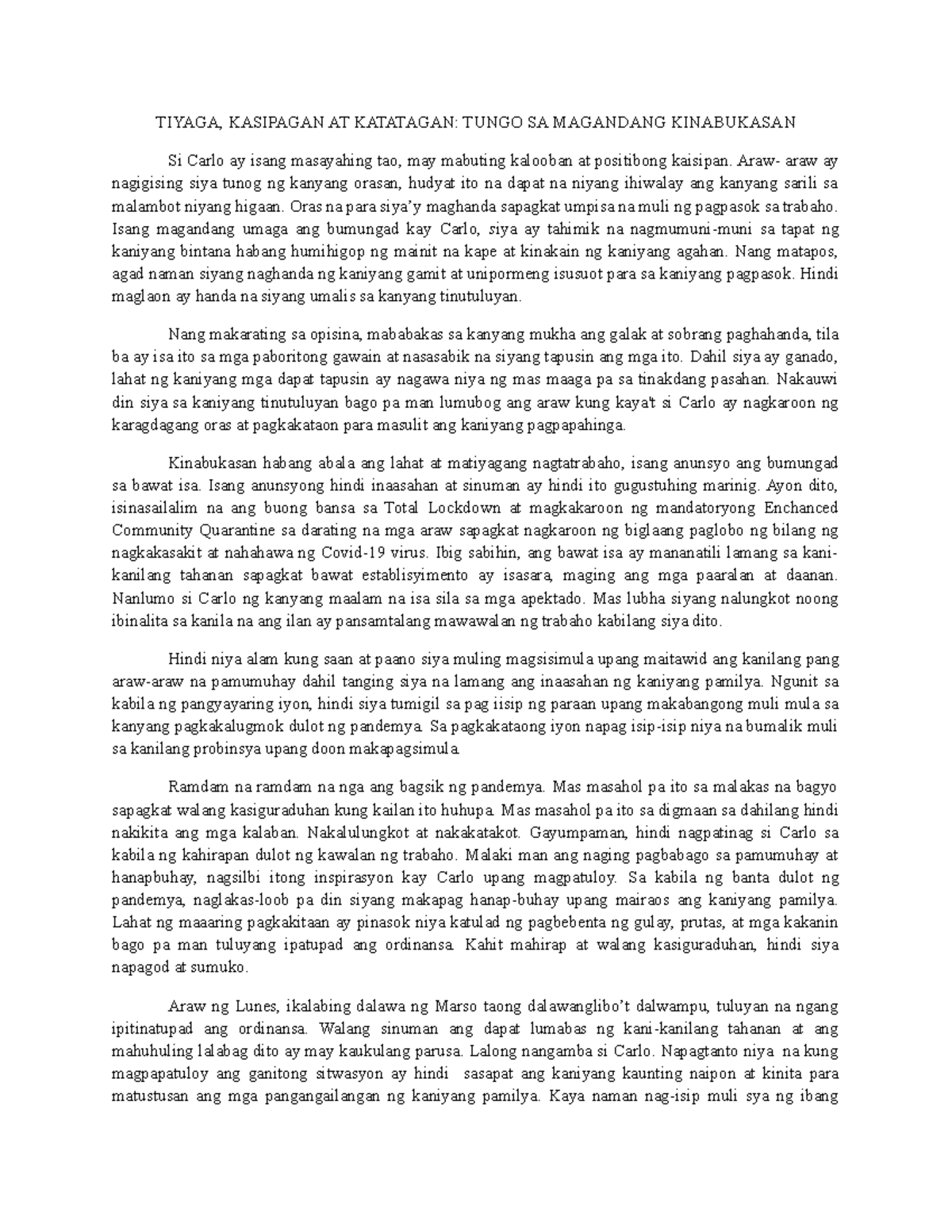 Fili-story: Kwento ng Pagsusumikap sa Panahon ng Pandemya - Studocu