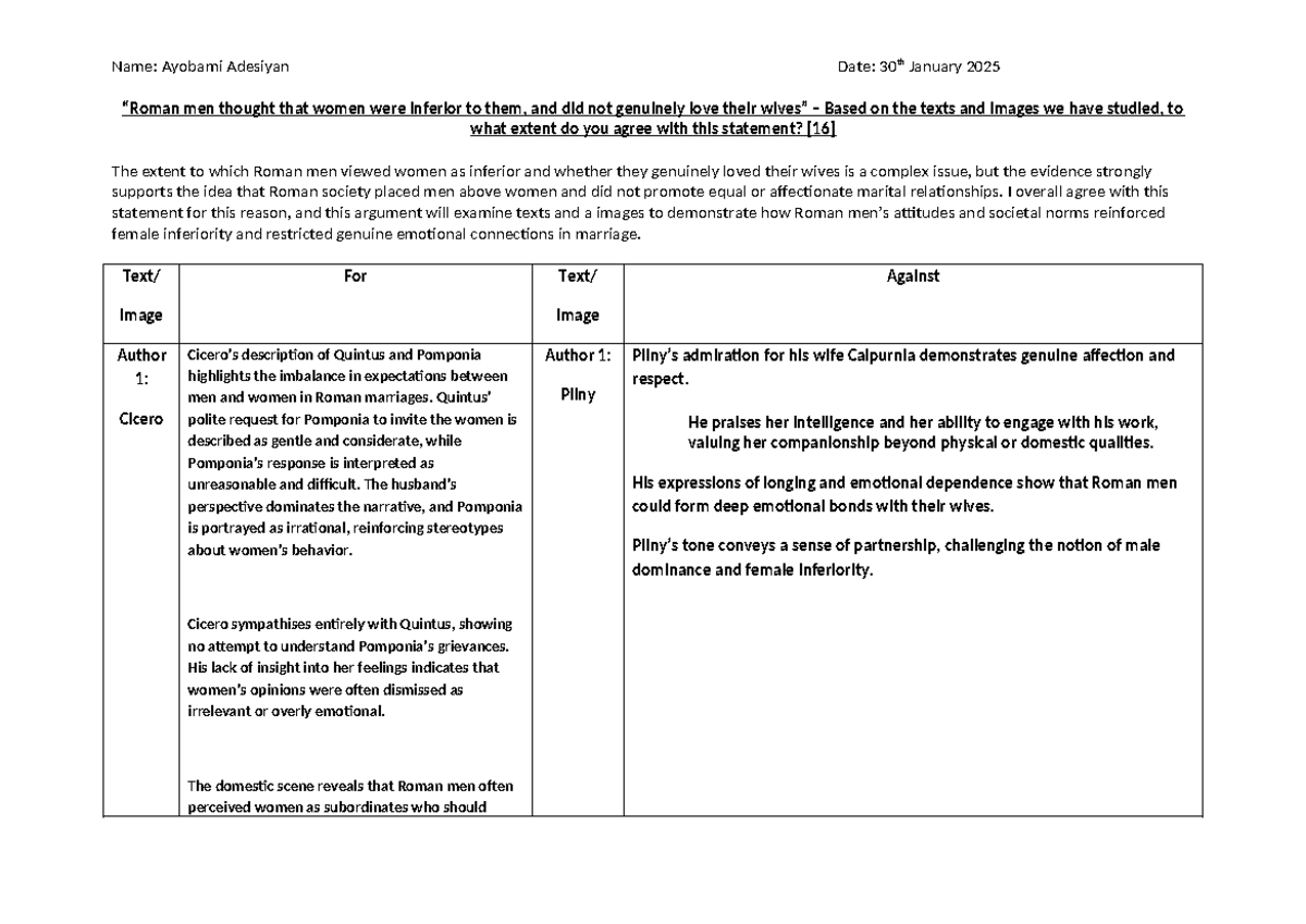 16 Mark Latin Literature Essay Plan: Roman Men's Views on Women - Studocu