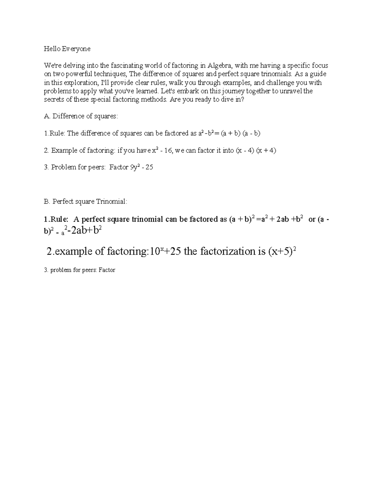 Algebra Techniques: Factoring Difference of Squares & Perfect Squares ...