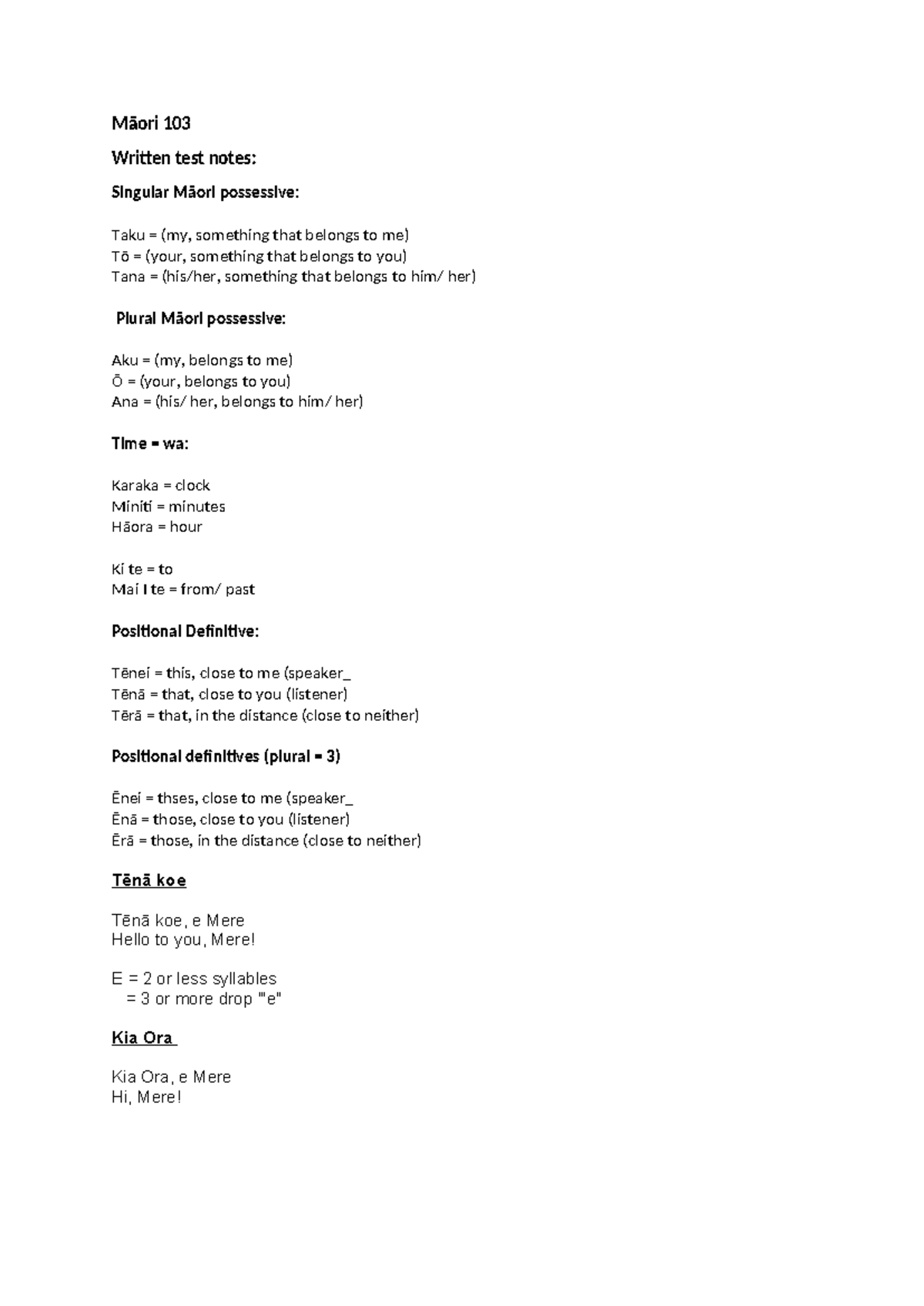 Māori 103 - Written Test Study Notes on Possessives and Time - Studocu