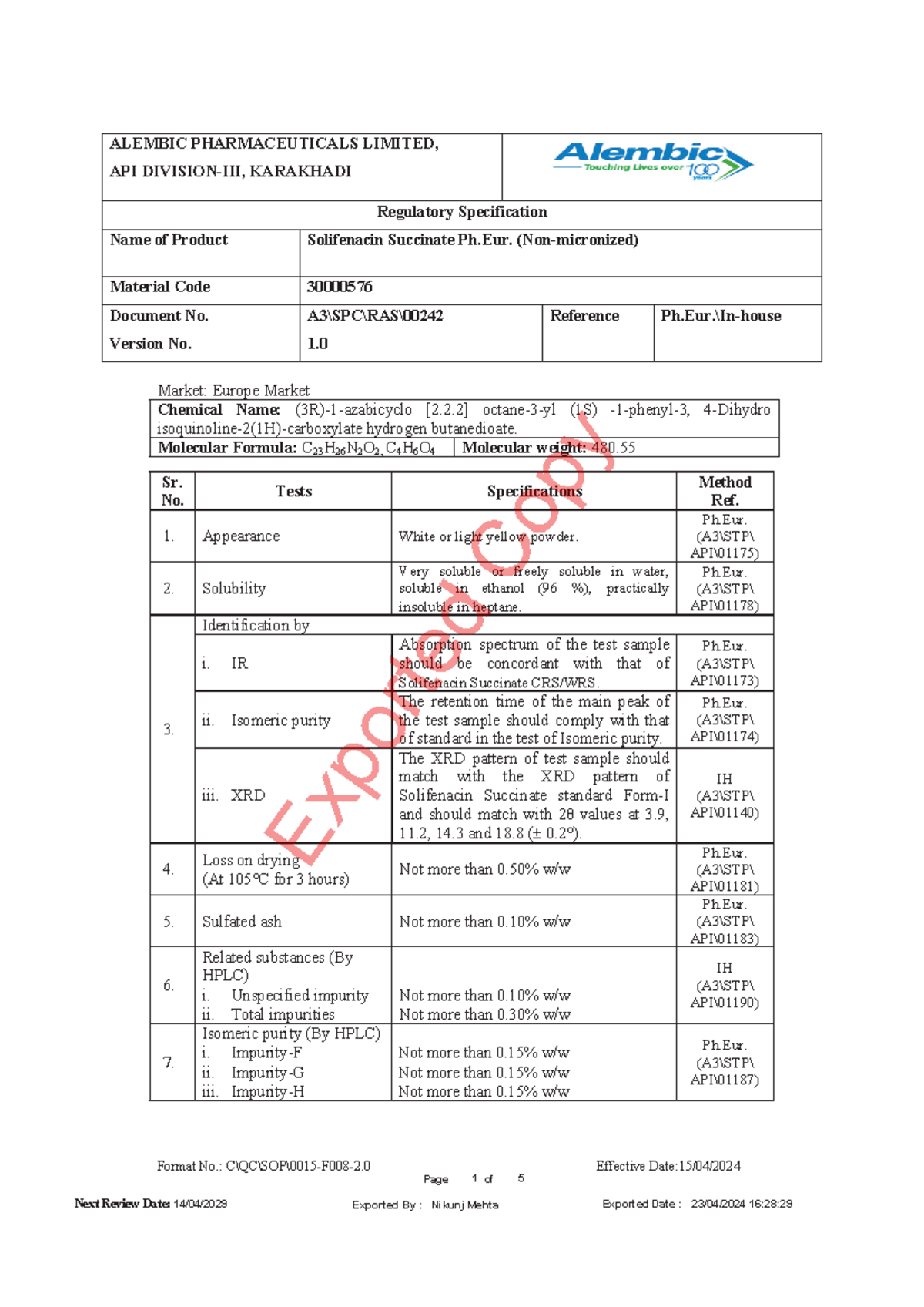 Specification - COA - API DIVISION-III, KARAKHADI Regulatory ...