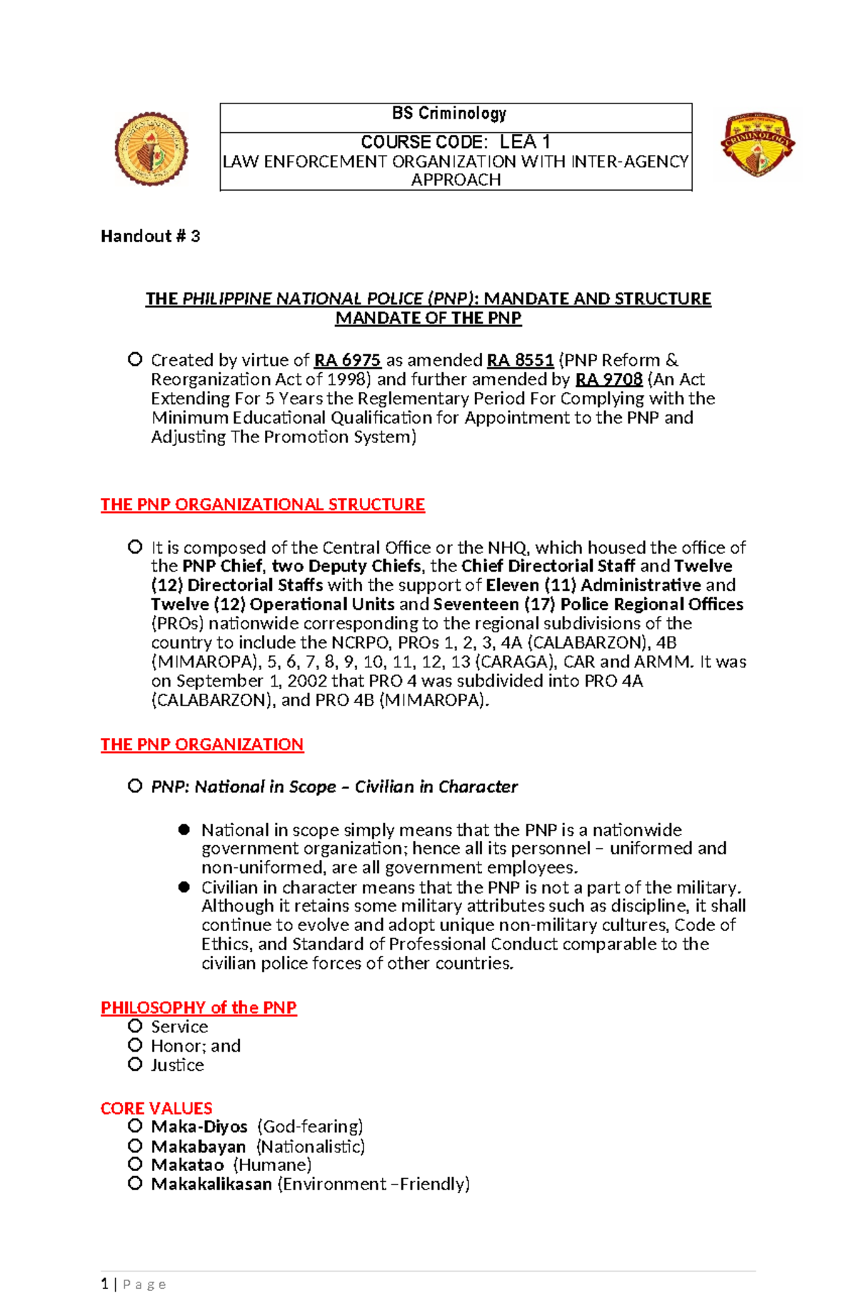 Handout-No - rtgzrtrt - Handout # 3 THE PHILIPPINE NATIONAL POLICE (PNP ...