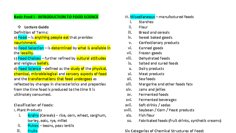 Basic Food I: Introduction to Food Science Lecture Guide - Studocu