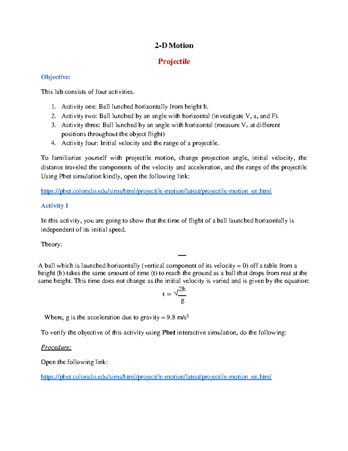 Module 3: Understanding Projectile Motion - PHET Physics Lab Activities ...