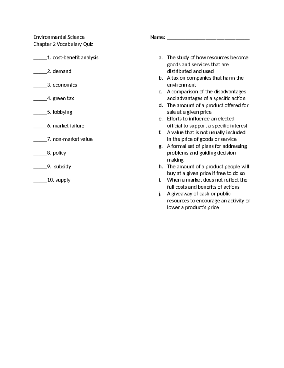 Environmental Science (ES101) Chapter 2 Vocabulary Quiz Analysis - Studocu
