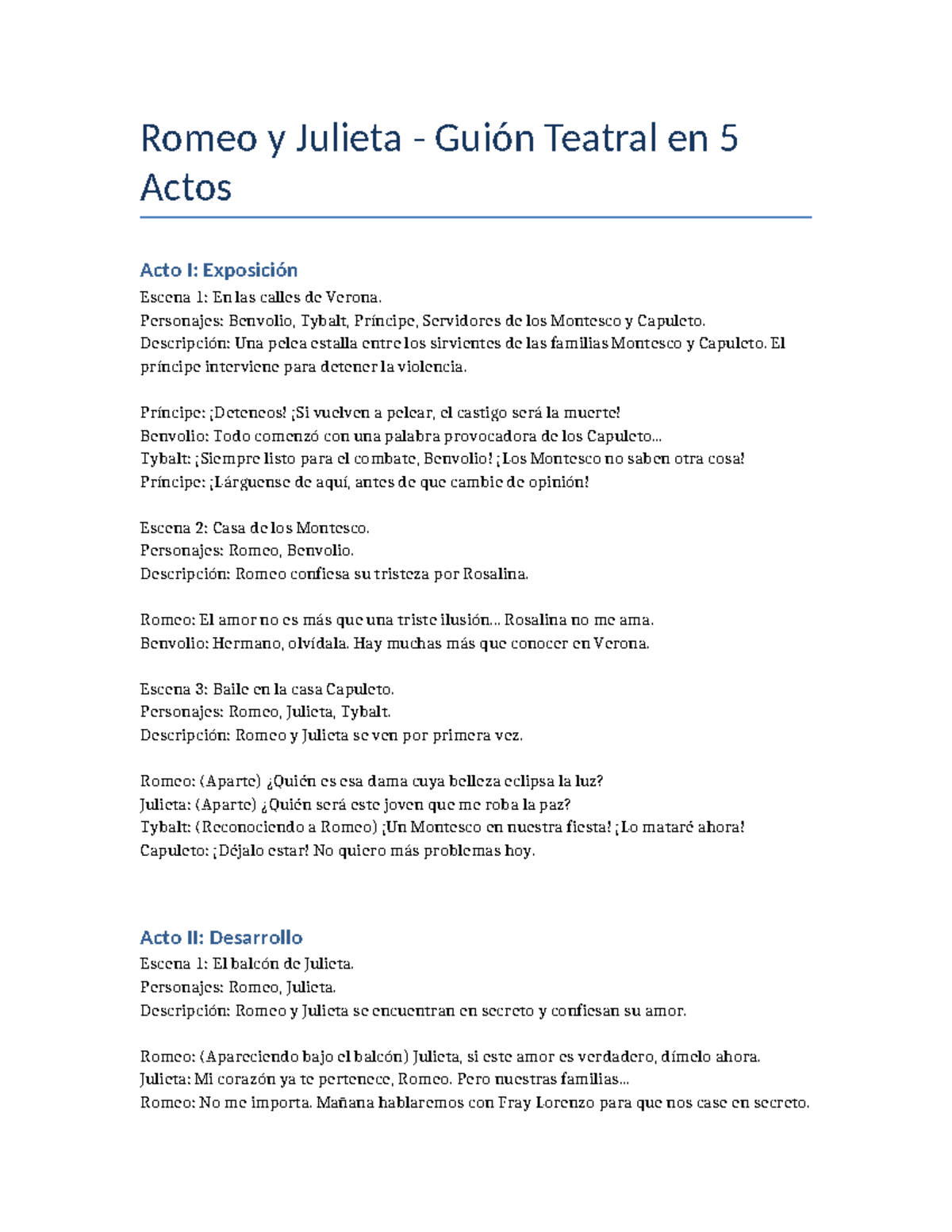 Guion Teatral de Romeo y Julieta en 5 Actos: Análisis y Escenas - Studocu