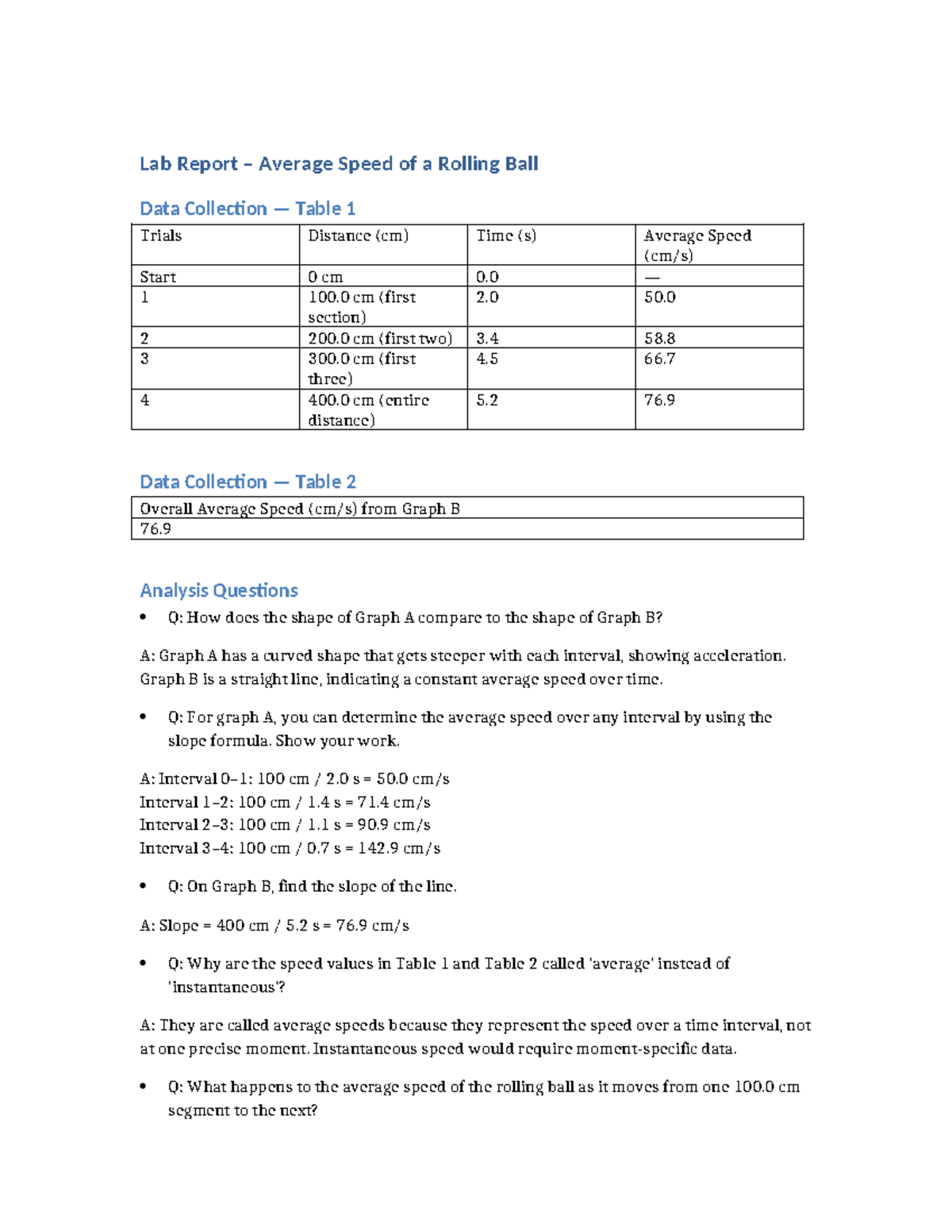 Lab Report: Average Speed of a Rolling Ball (Physics 101) - Studocu