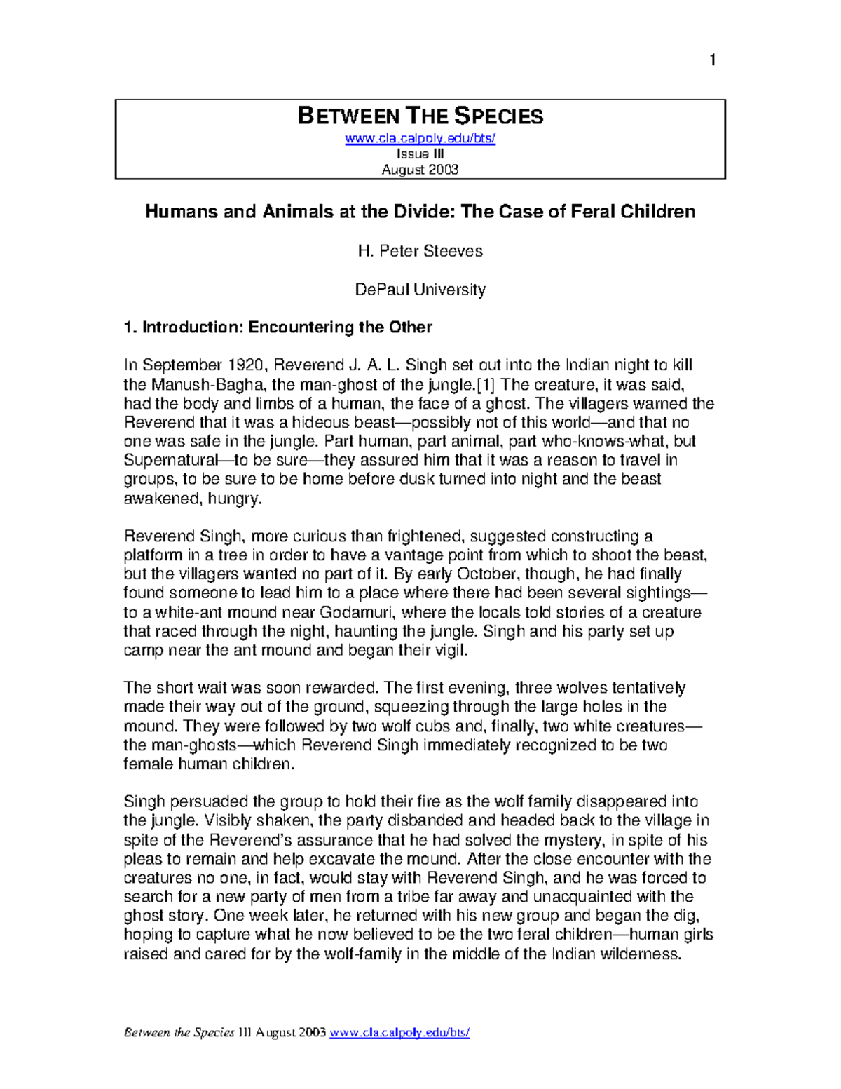 Humans and Animals at the Divide The Case of Feral Children - B ETWEEN ...