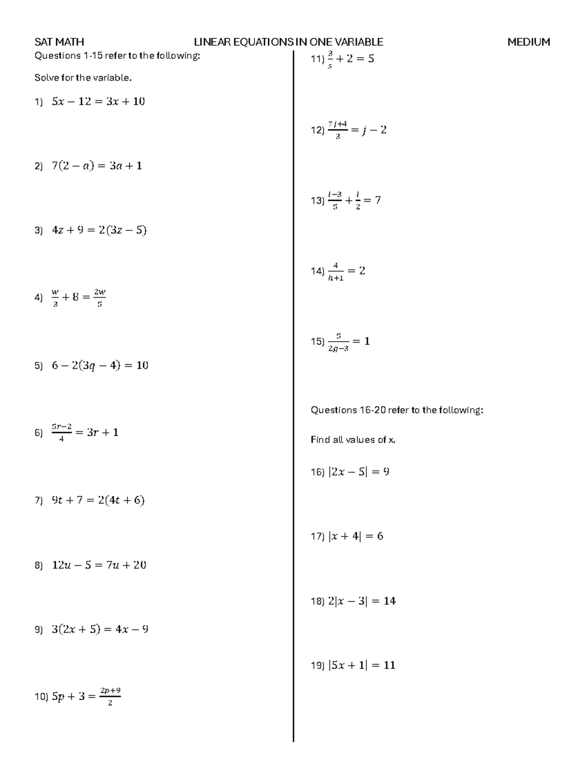 SAT MATH: Medium Linear Equations in One Variable Questions - Studocu