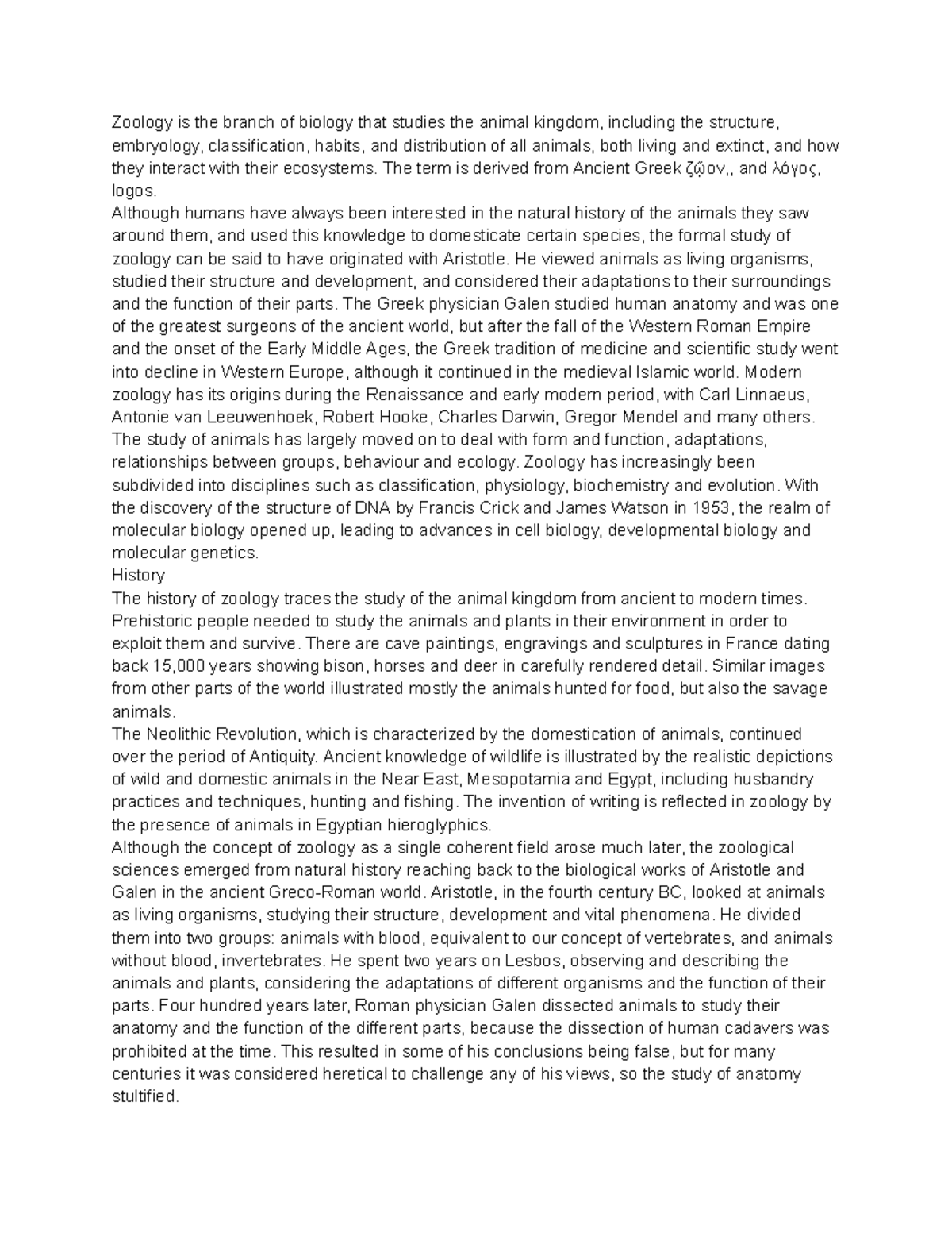 Zoology - Comprehensive Essay on Animal Studies and History - Studocu