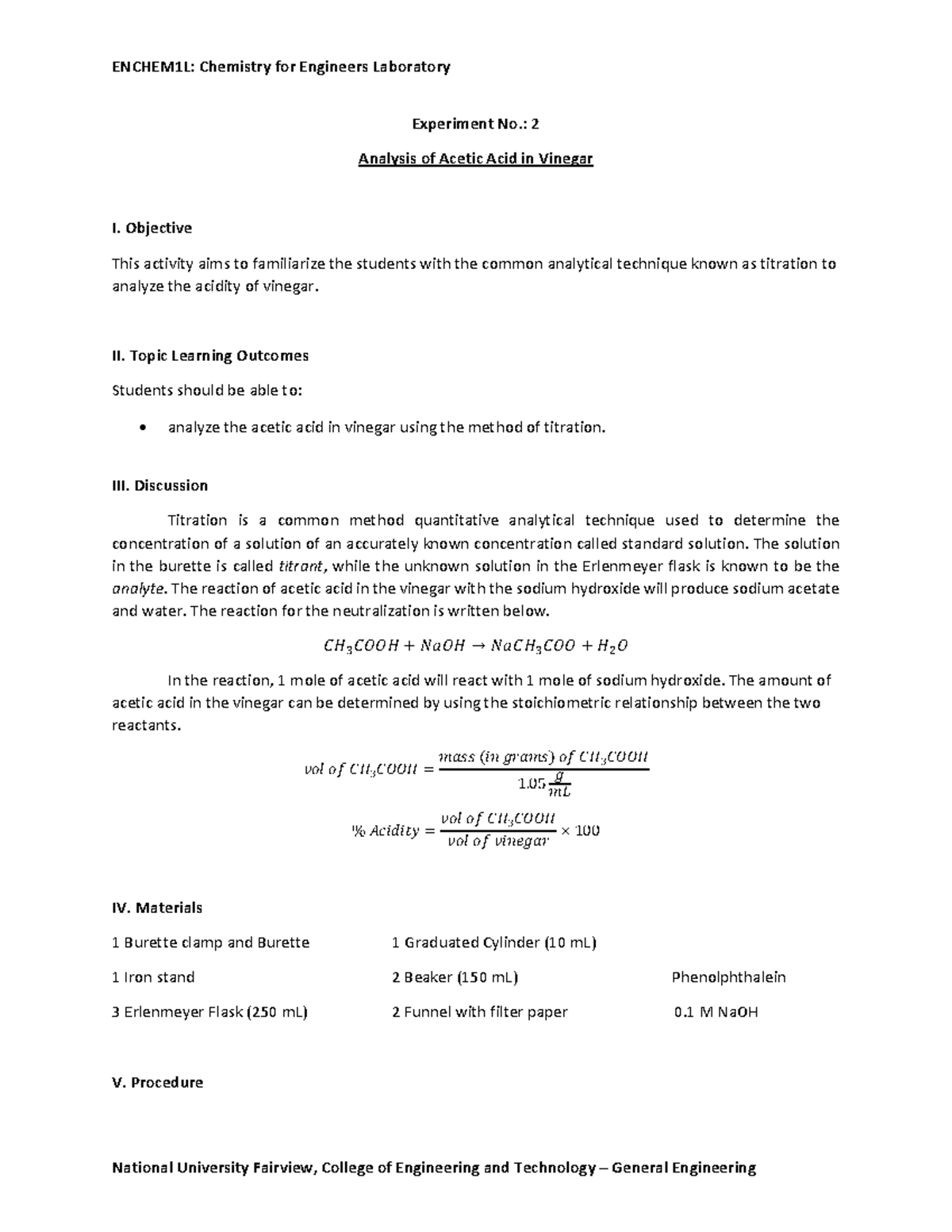 Experiment 2. Analysis of Acetic Acid in Vinegar - ENCHEM1L: Chemistry ...
