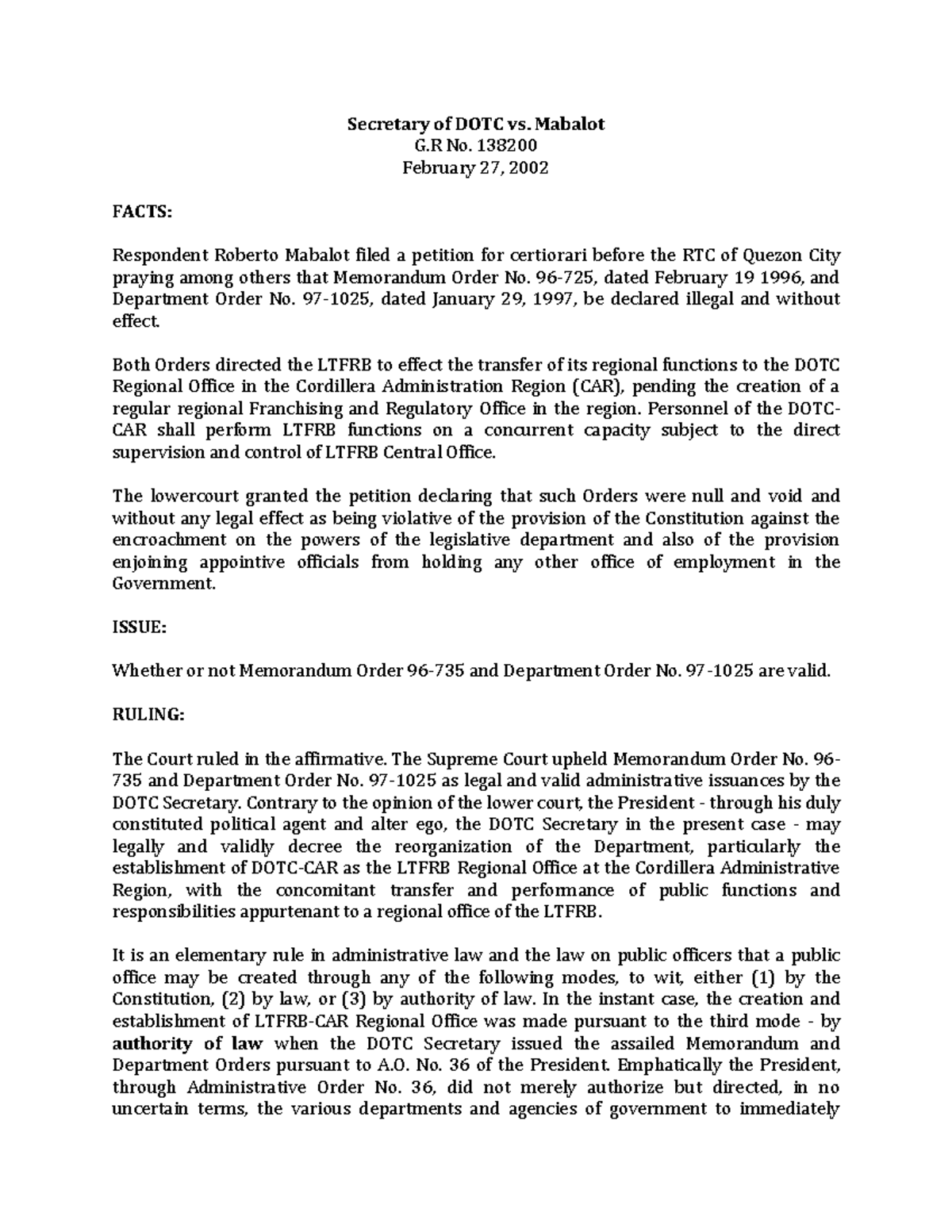 10. Secretary of DOTC vs. Mabalot, G.R. No. 138200 (case digest ...