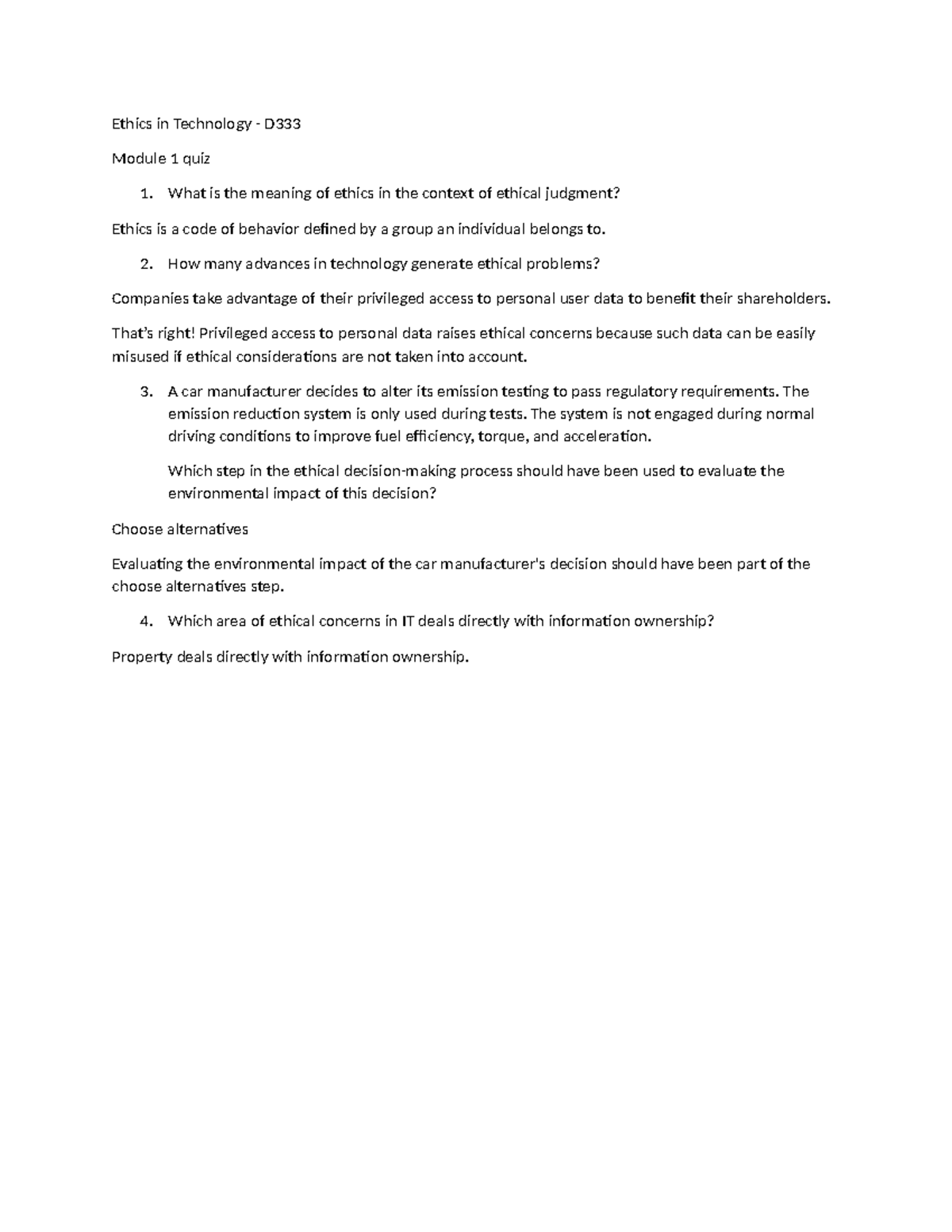 Ethics in Technology D333 Module 1 Quiz Questions & Answers - Studocu