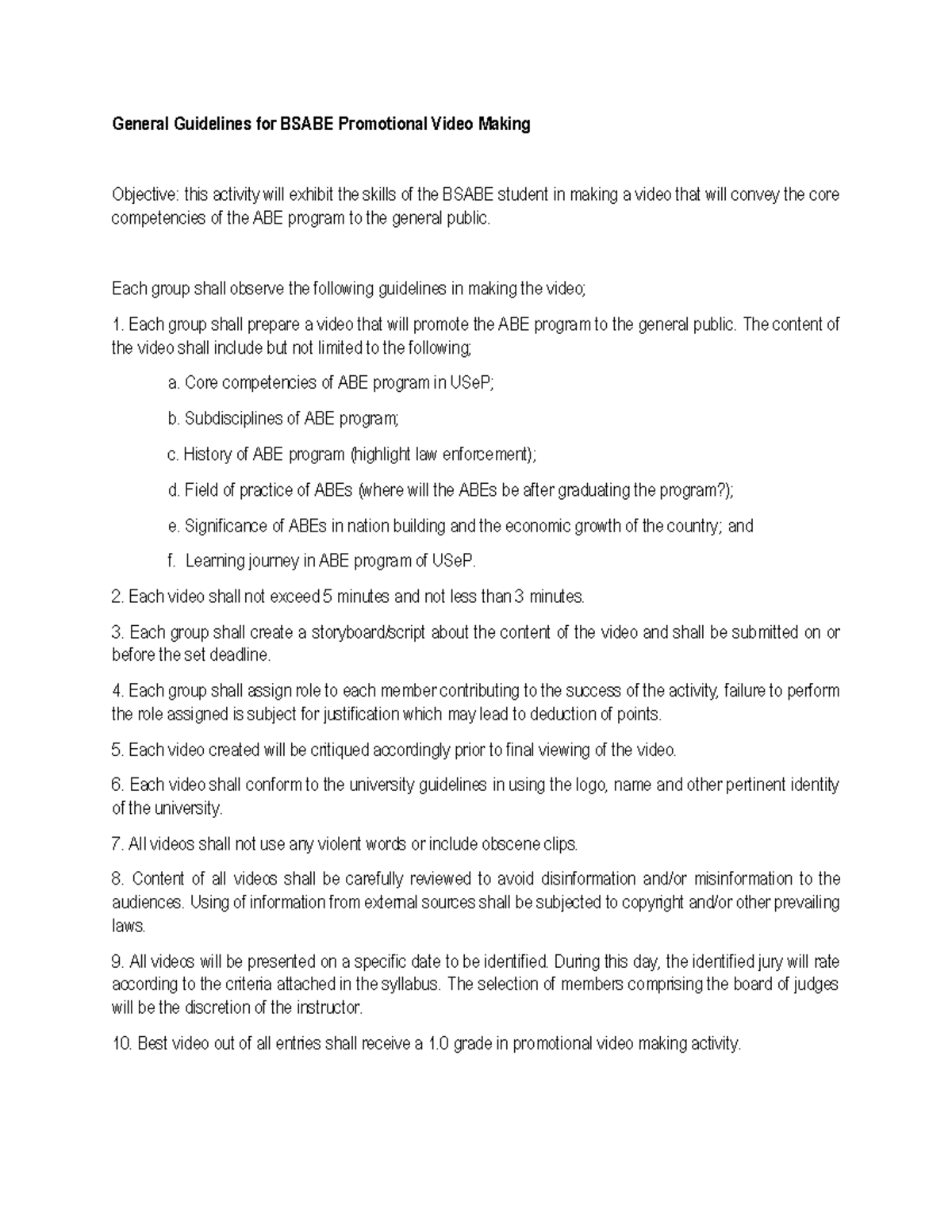 BSABE 101: Guidelines for Promotional Video Creation - Studocu