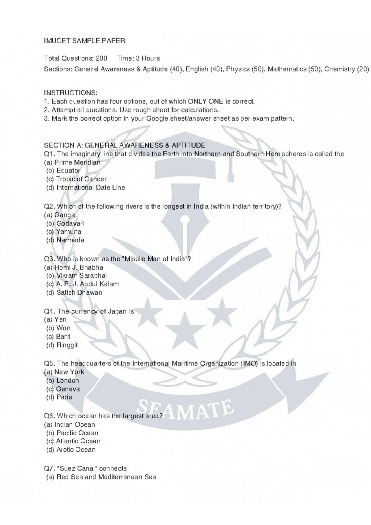 IMUCET Sample Paper - General Awareness, Aptitude, English, Physics ...