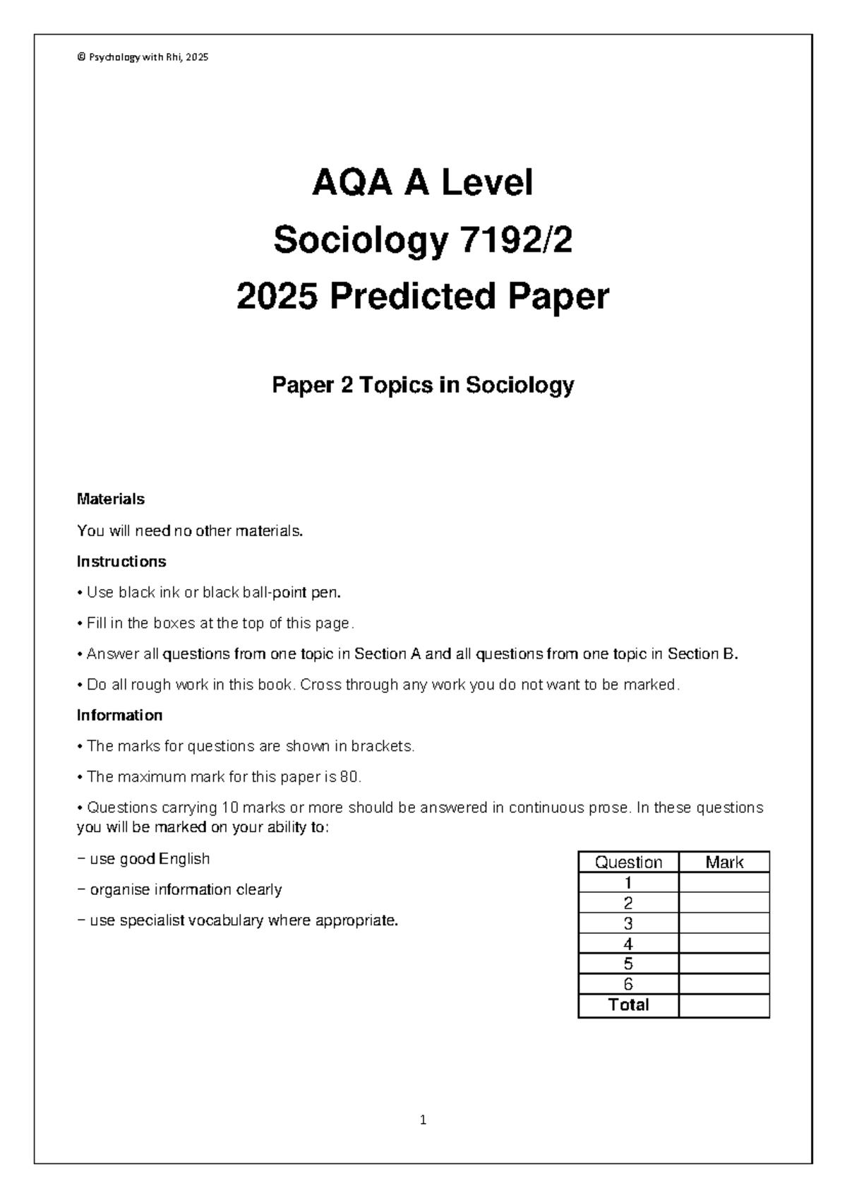 AQA A Level Sociology 2025: Paper 2 Predicted Topics & Guidance - Studocu