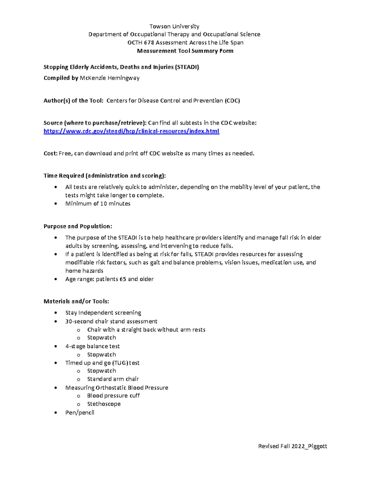 OCTH 678 STEADI Tool Summary for Fall Risk Assessment in Seniors - Studocu