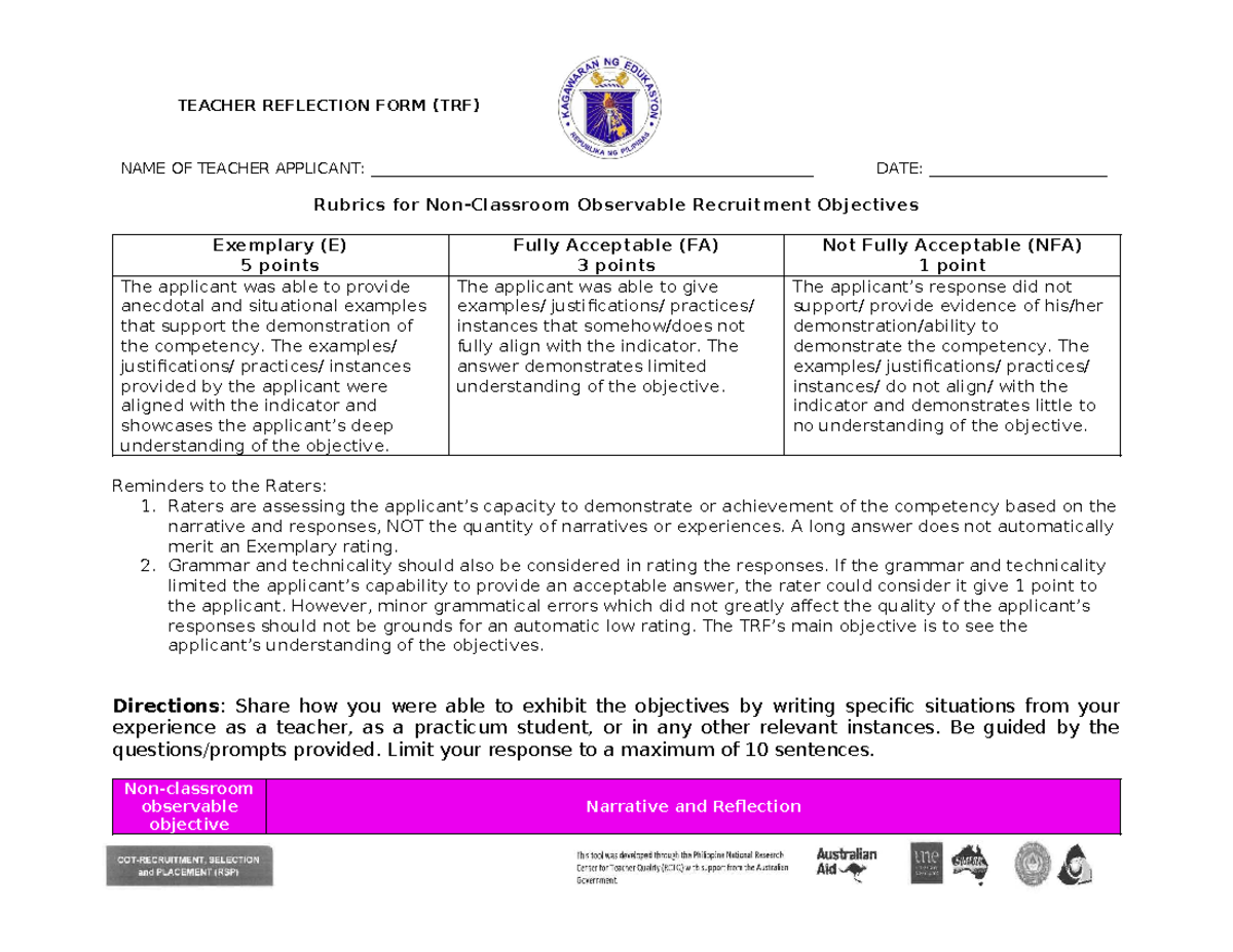Teacher Reflection Form (TRF) for Observable Recruitment Objectives ...
