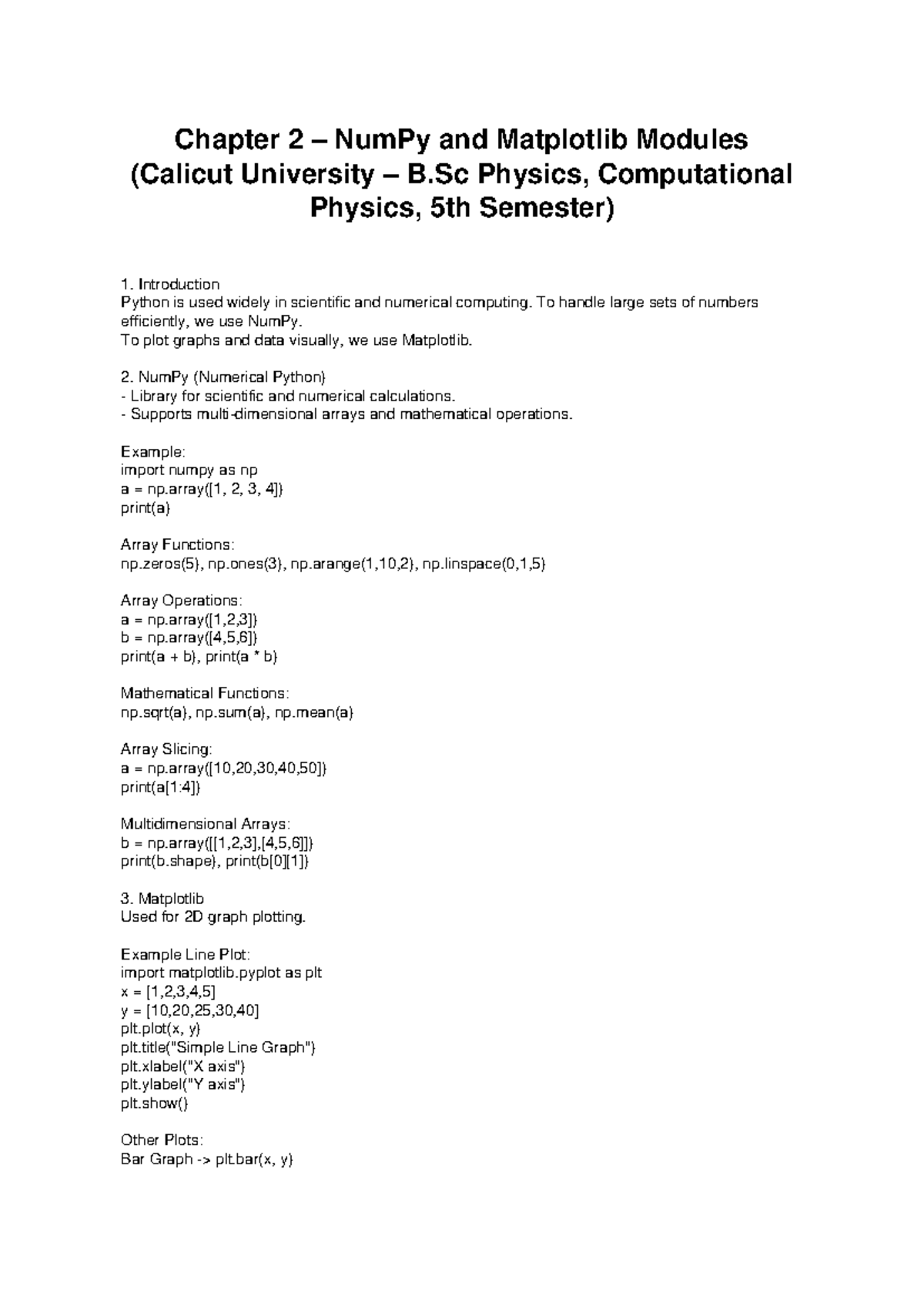 Chapter 2 NumPy & Matplotlib Notes (B.Sc Physics, 5th Sem) - Studocu
