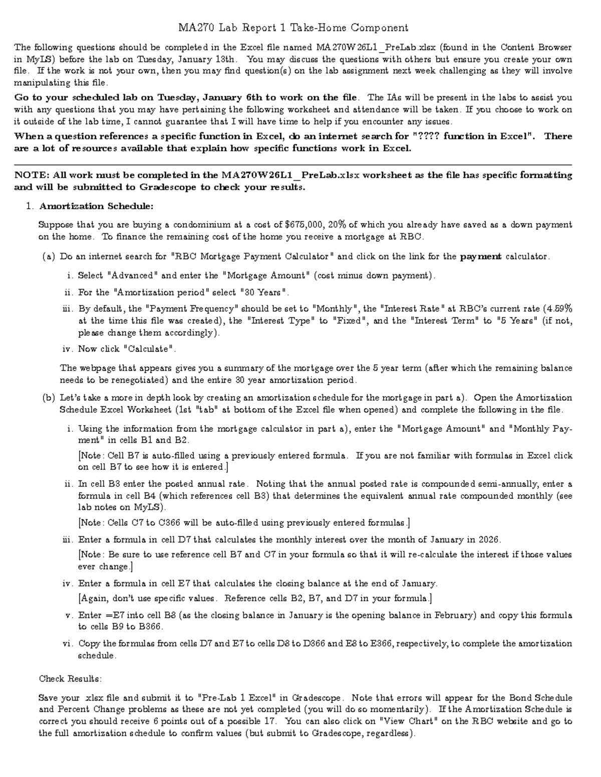 MA270 W26L1 Pre Lab Report: Amortization Schedule & Excel Tasks - Studocu